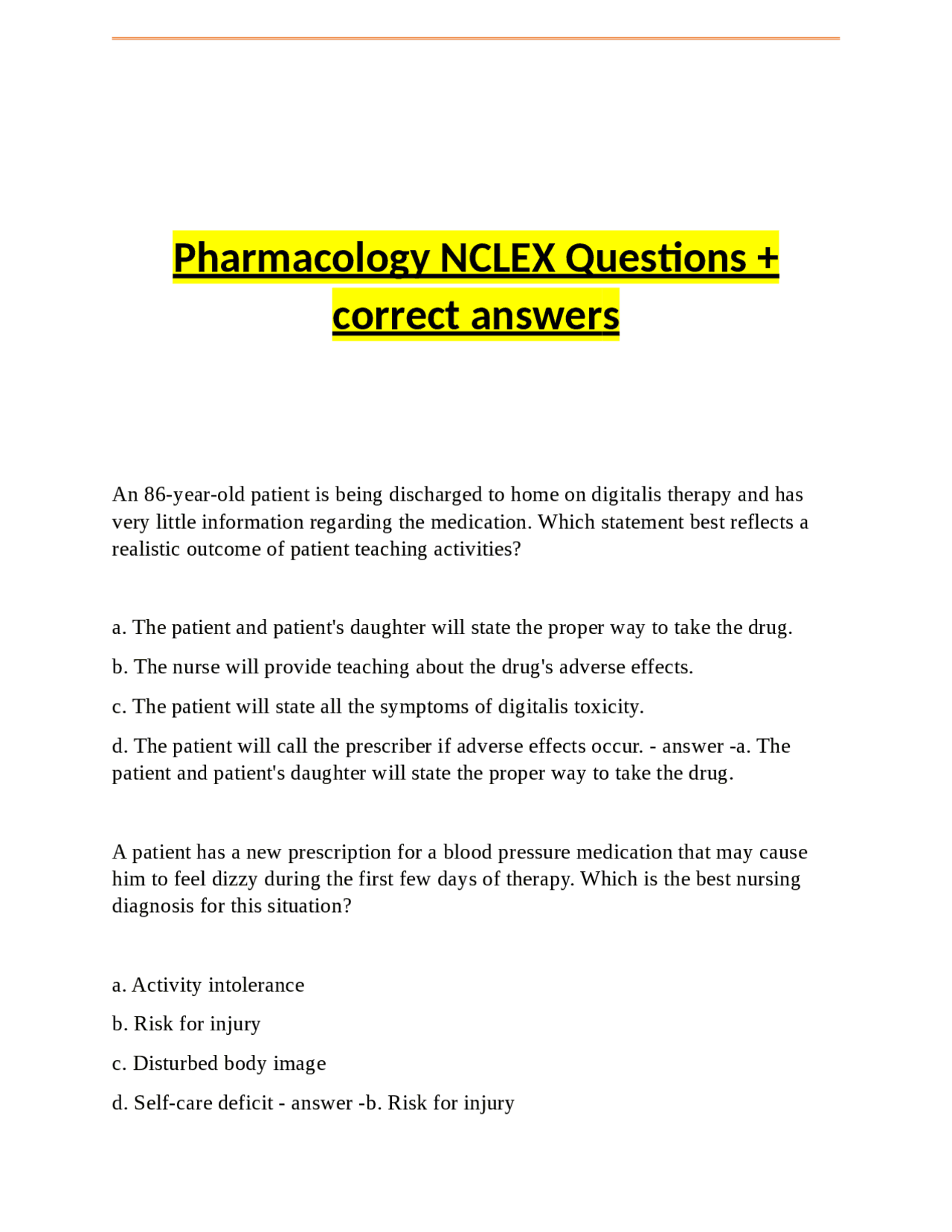 Pharmacology NCLEX Questions + correct answers.docx | Exams Nursing ...