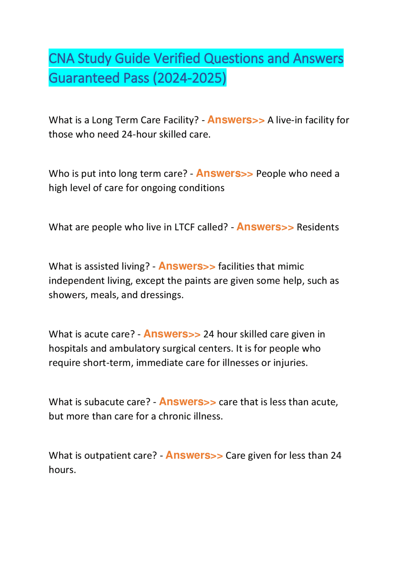 CNA Study Guide Verified Questions and Answers Guaranteed Pass (2024 ...