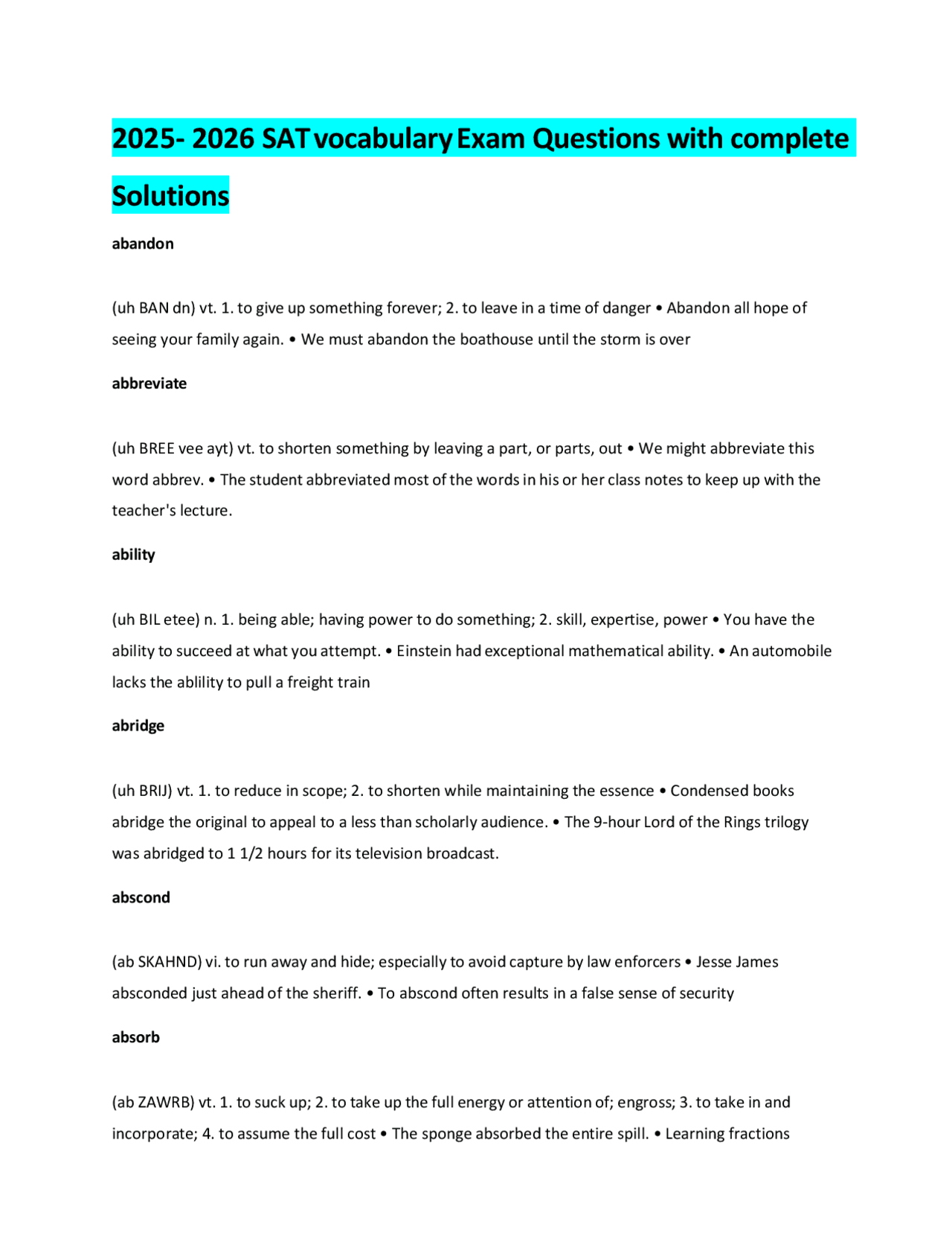 2025- 2026 SAT vocabulary Exam Questions with complete Solutions ...