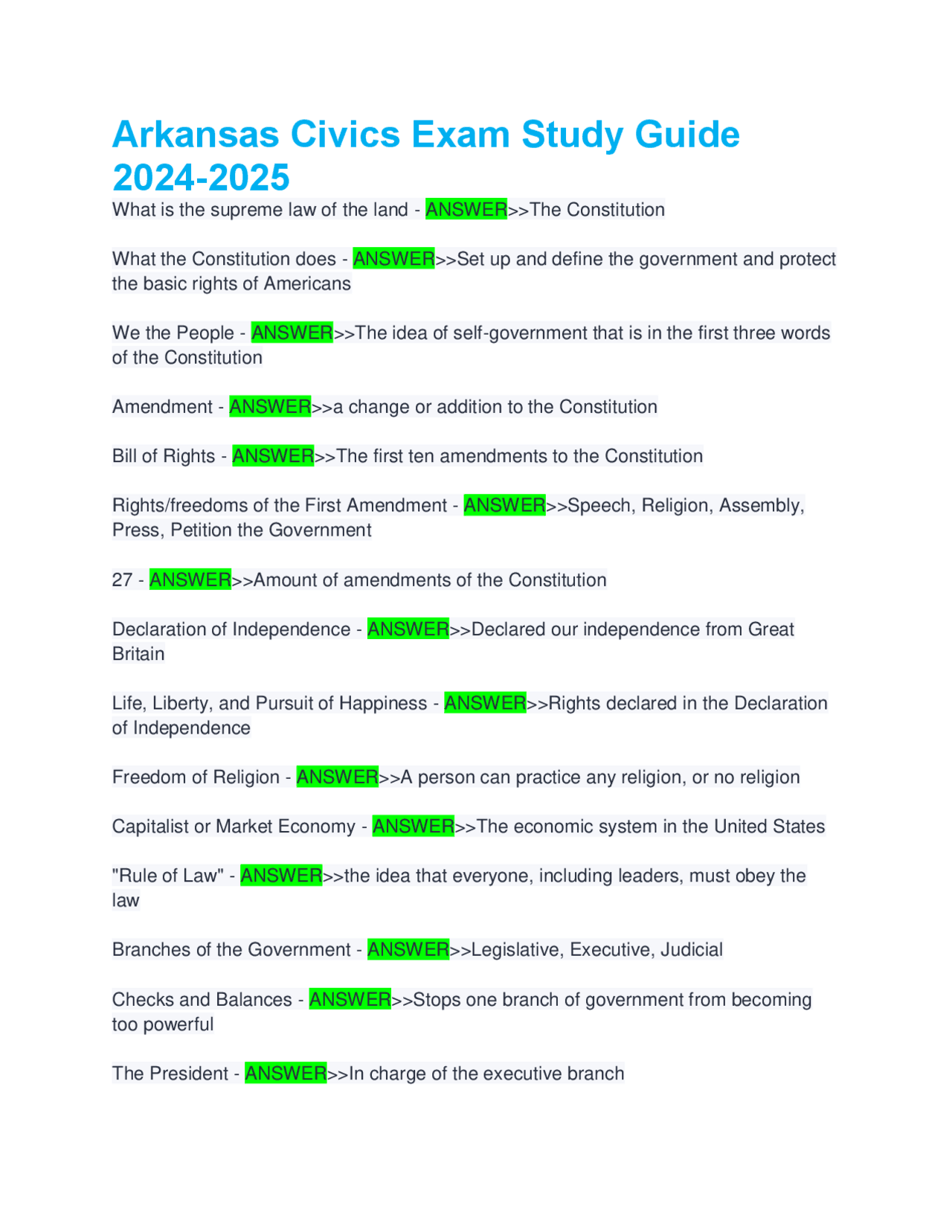 Arkansas Civics Exam Study Guide: 2024-2025 | Exams Law | Docsity