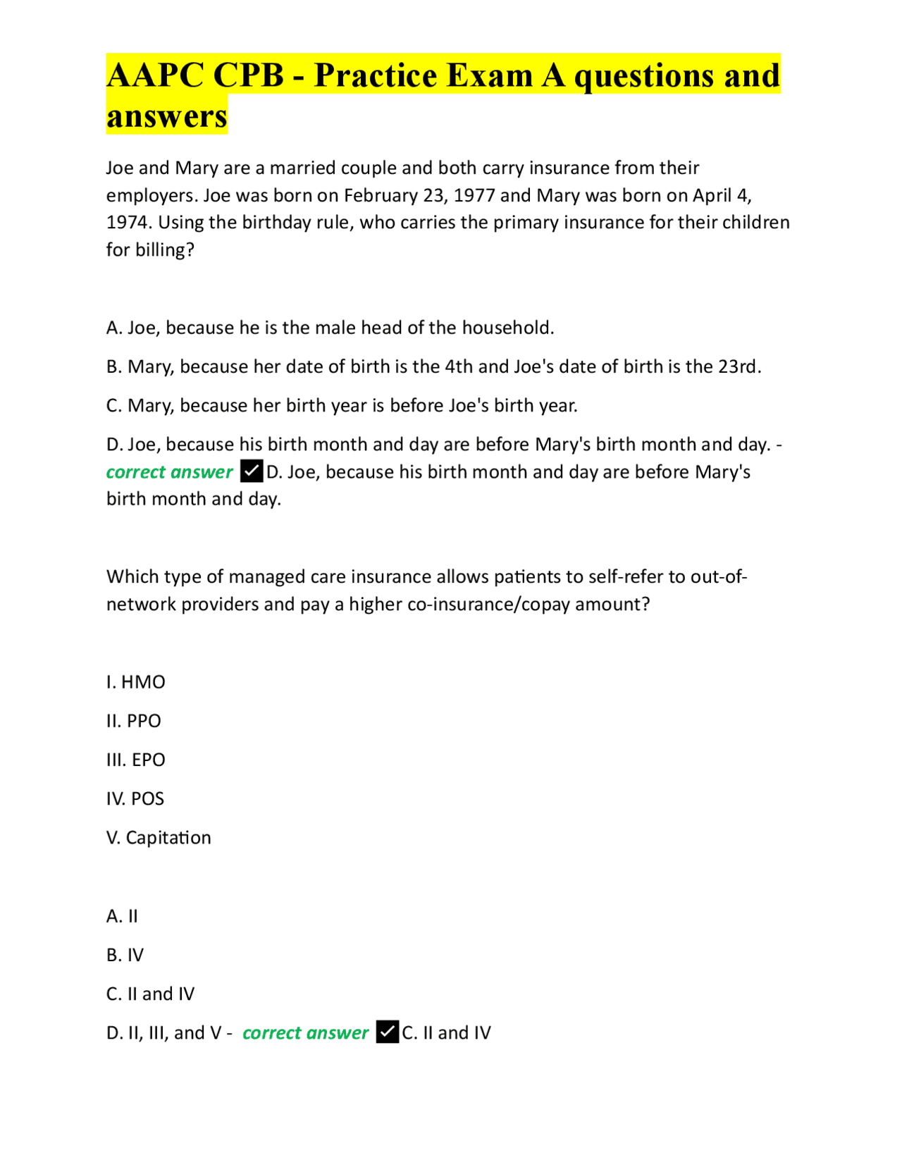 AAPC CPB - Practice Exam A: Questions and Answers | Exams Nursing | Docsity