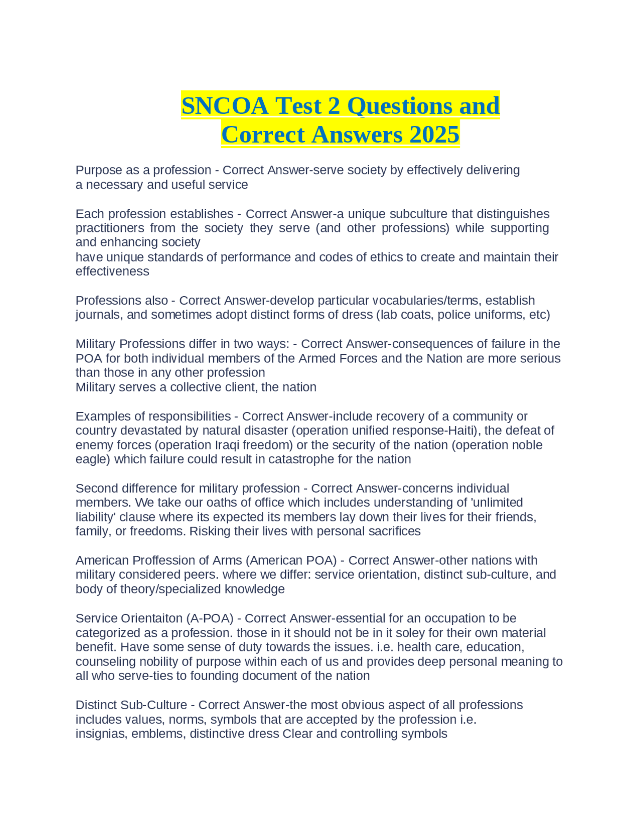 SNCOA Test 2 Questions and Correct Answers 2025 | Exams Nursing | Docsity