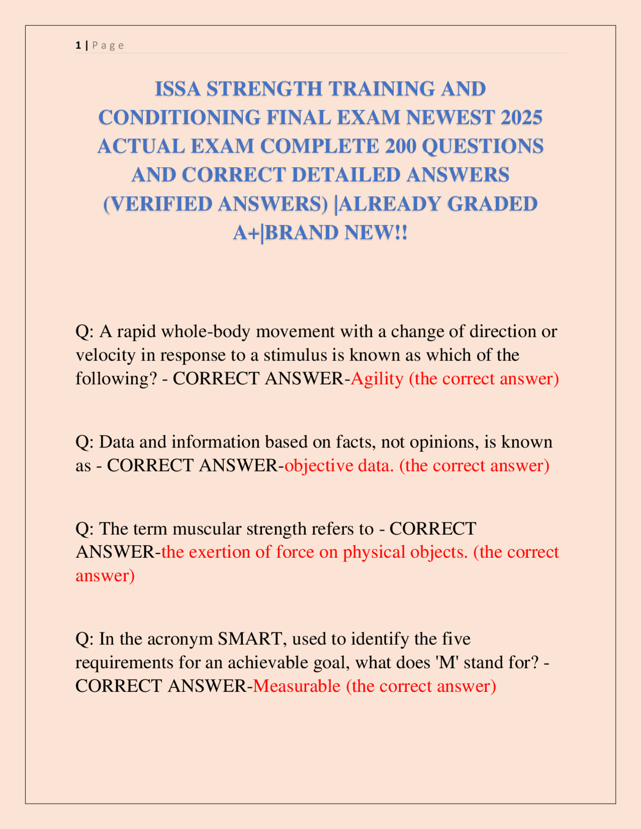 ISSA Strength Training and Conditioning Final Exam: 200 Questions and ...