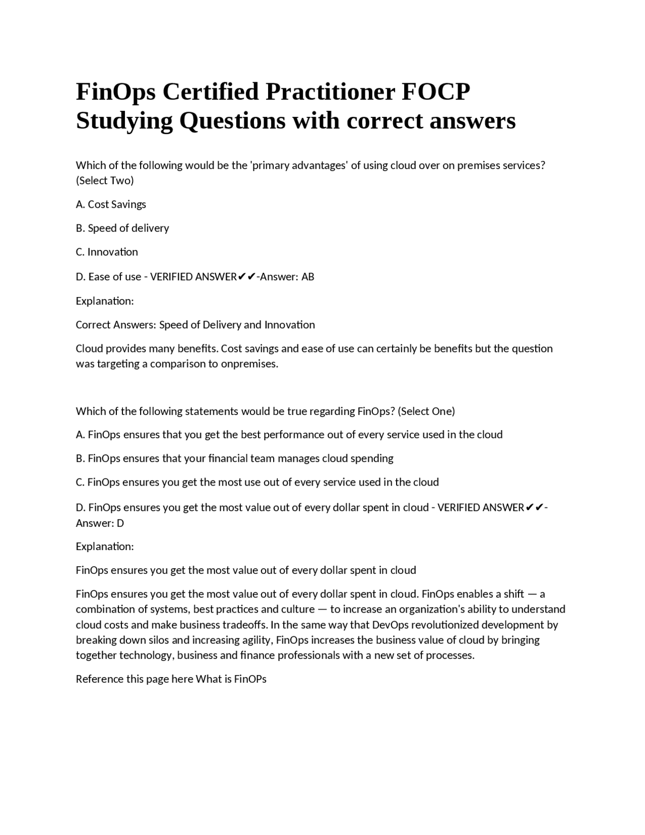 FinOps Certified Practitioner FOCP Studying Questions with correct answers. | Exams Computer ...
