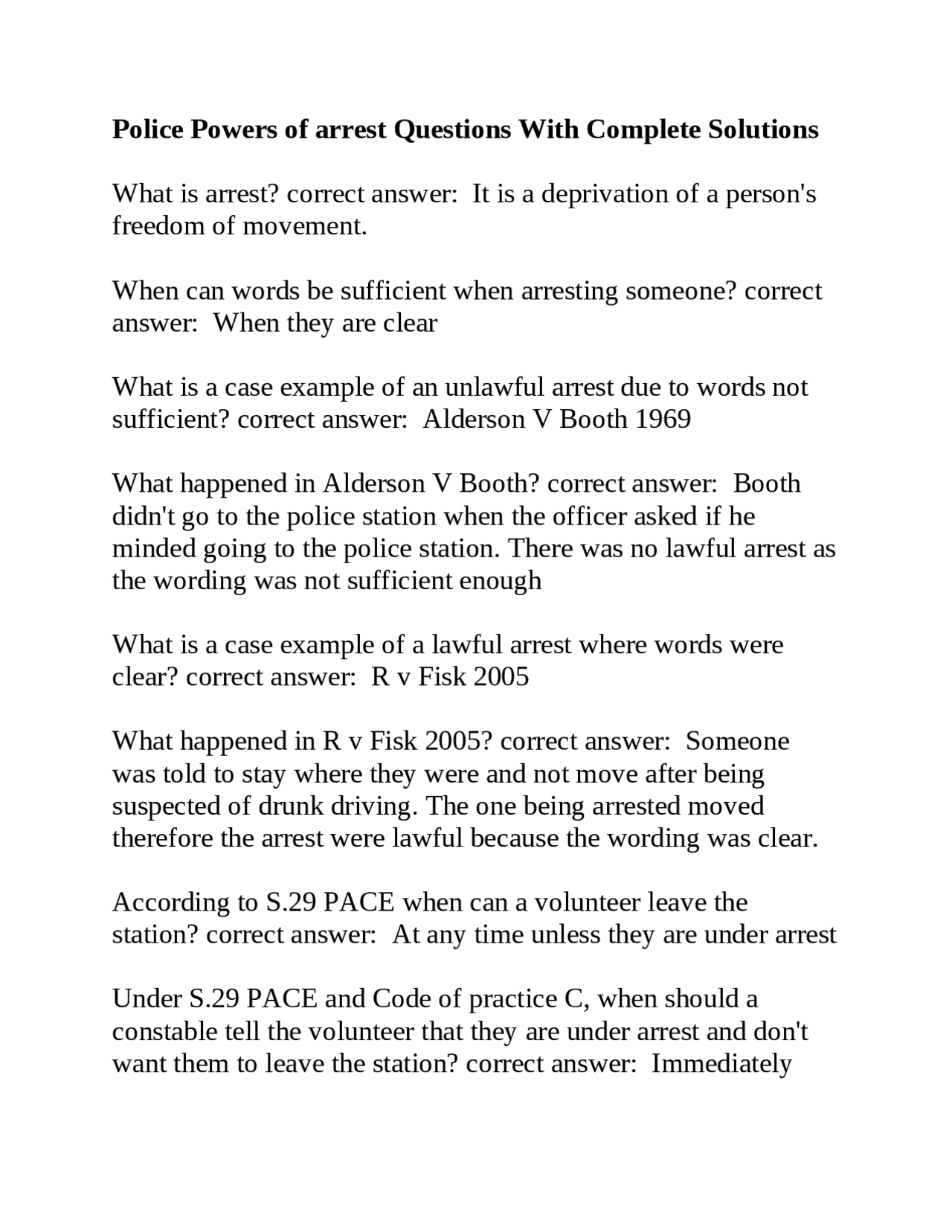 Police Powers of arrest Questions With Complete Solution. | Exams ...