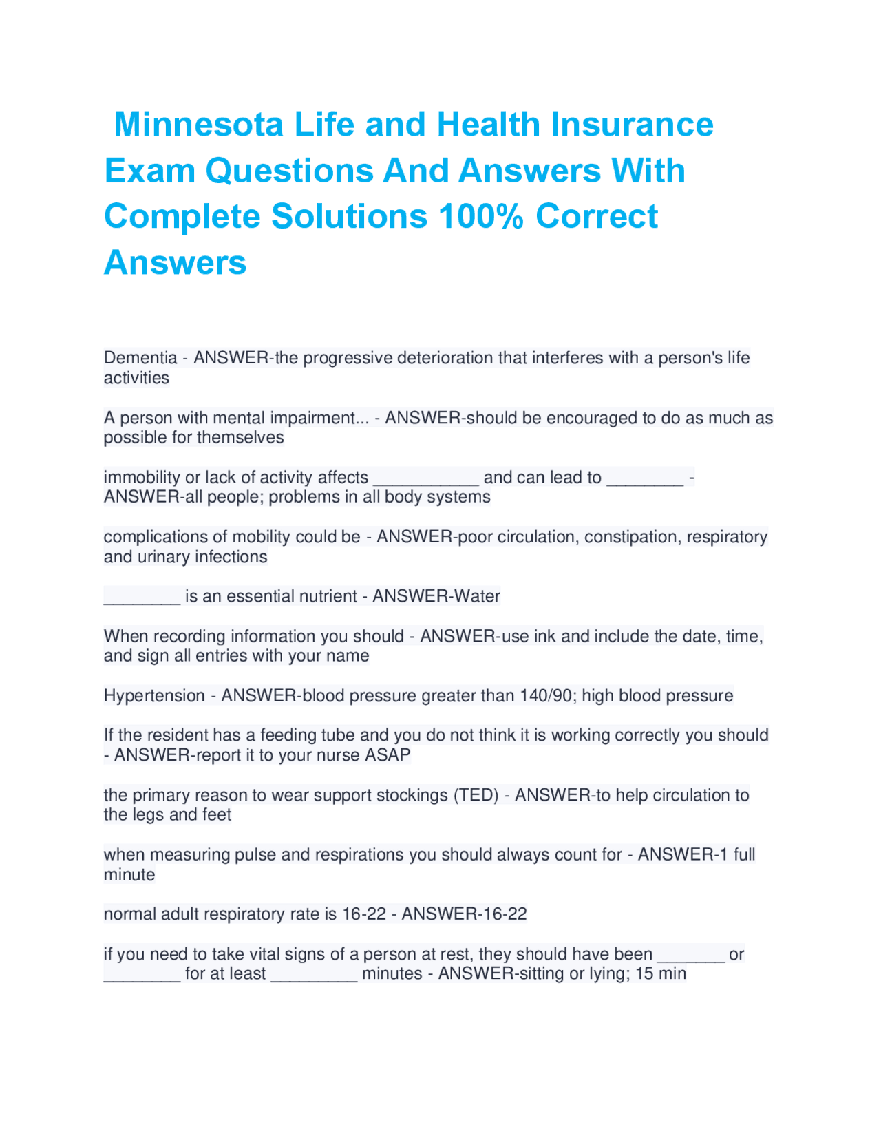 Minnesota Life and Health Insurance Exam Questions And Answers With ...