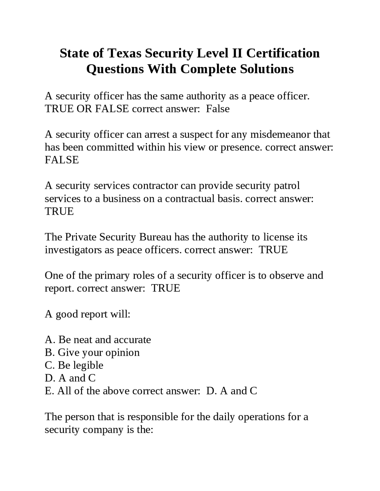 State of Texas Security Level II Certification Questions With Complete ...