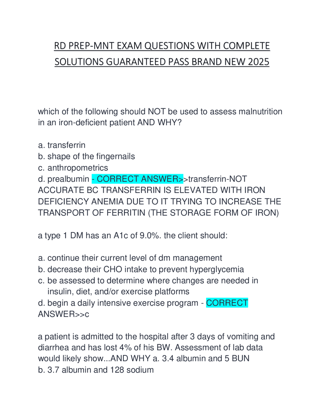 RD PREP-MNT EXAM QUESTIONS WITH COMPLETE SOLUTIONS GUARANTEED PASS ...