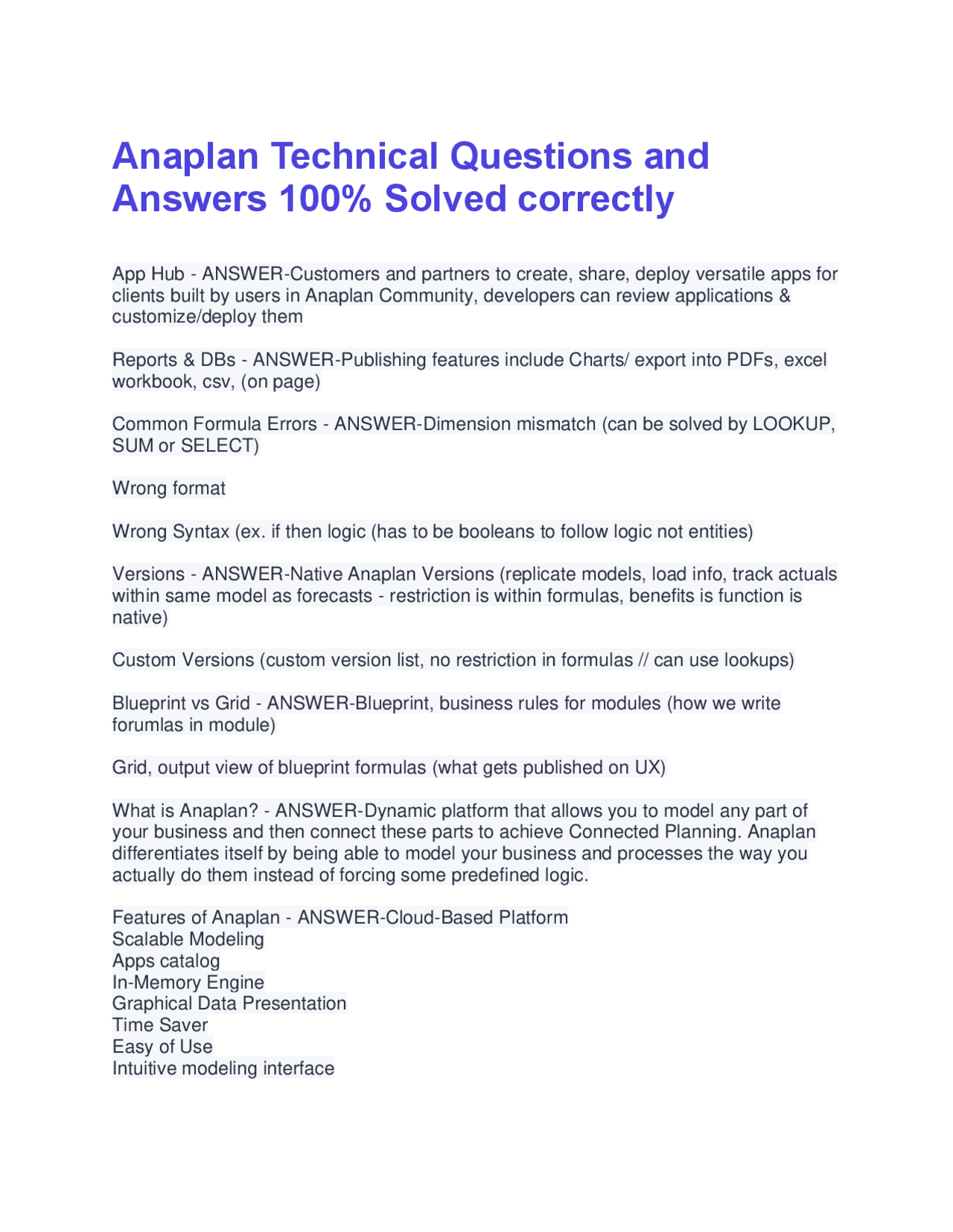 Anaplan Technical Questions and Answers 100% Solved correctly | Exams ...