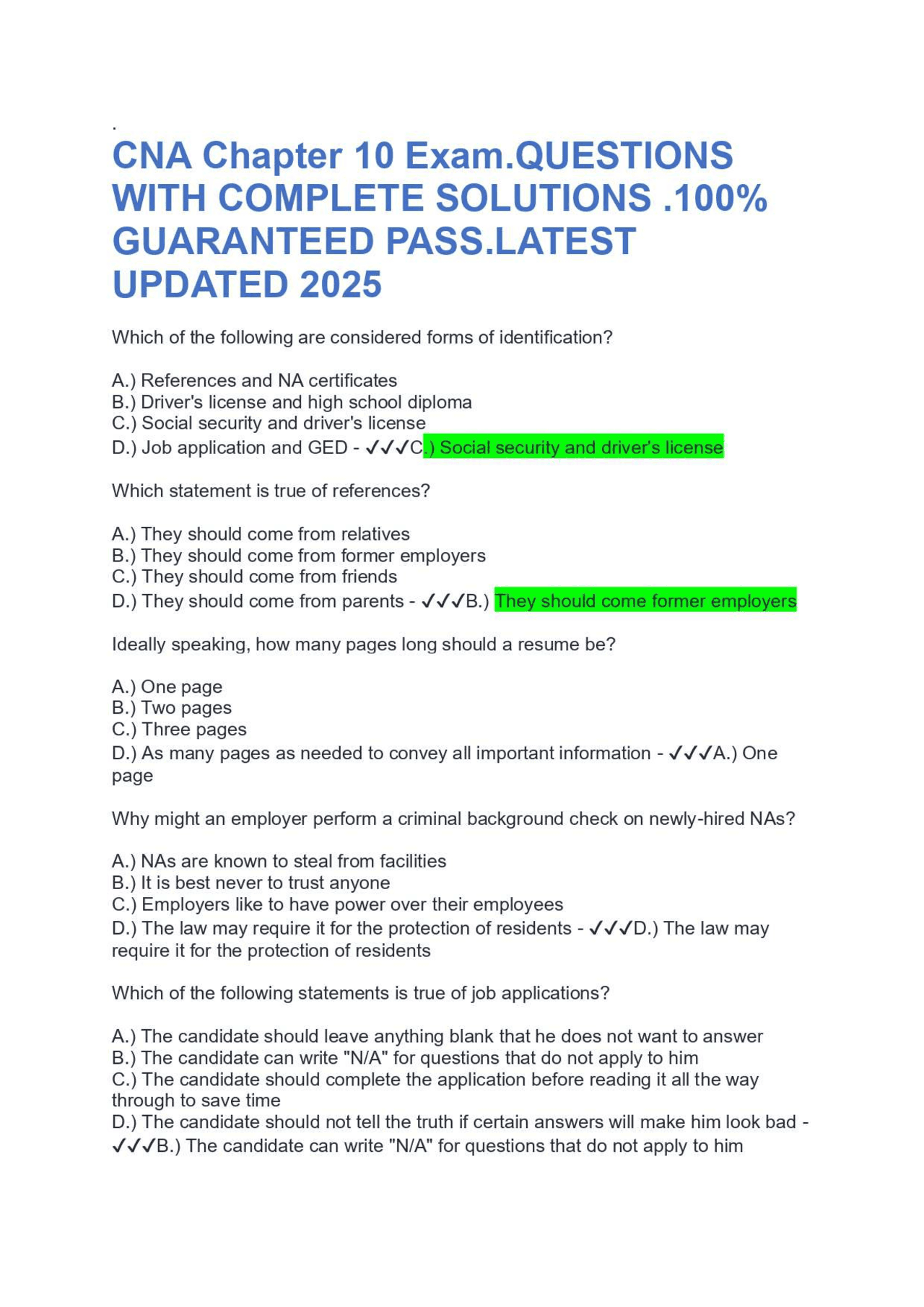 CNA Chapter 10 Exam.QUESTIONS WITH COMPLETE SOLUTIONS .100% GUARANTEED ...