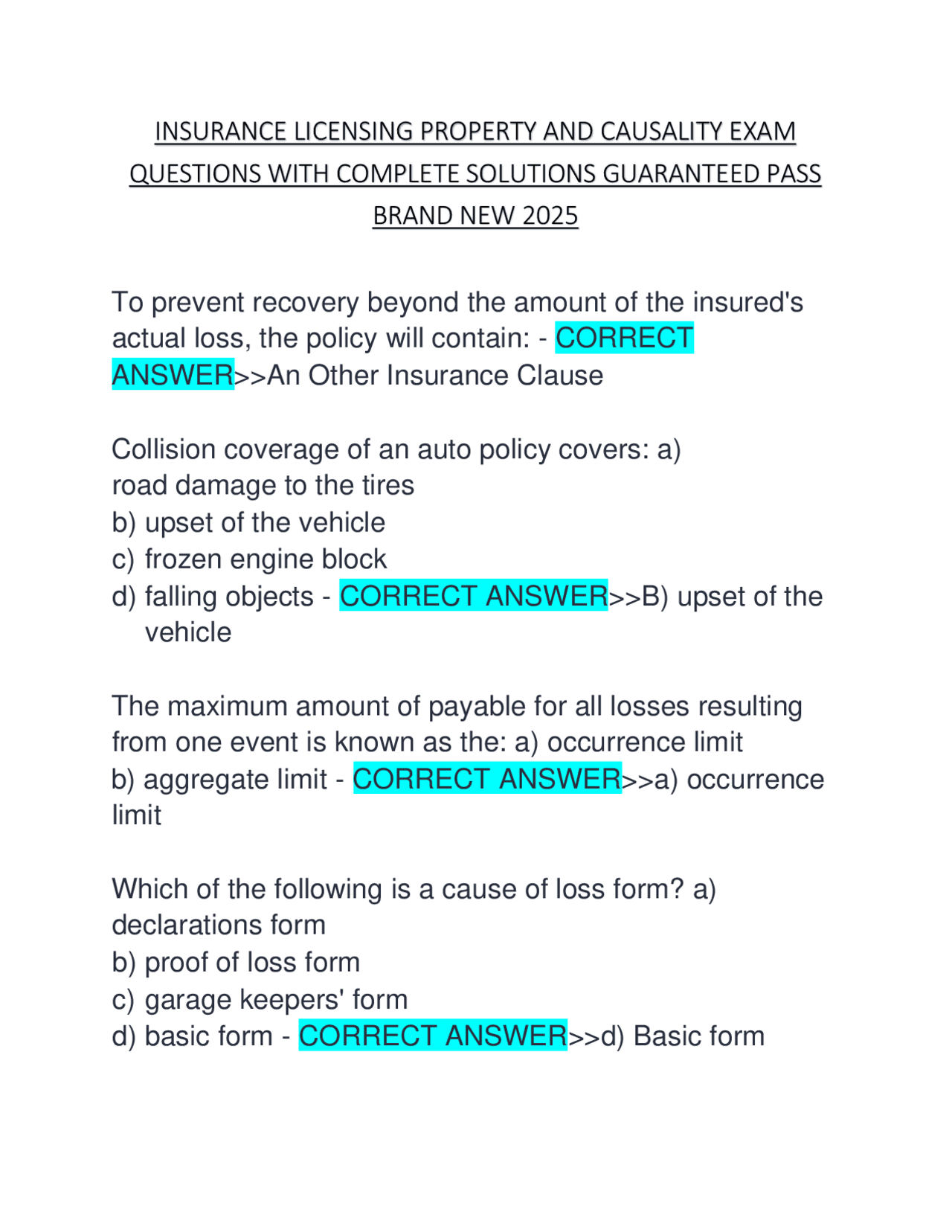 Insurance Licensing Property and Casualty Exam Questions and Answers ...