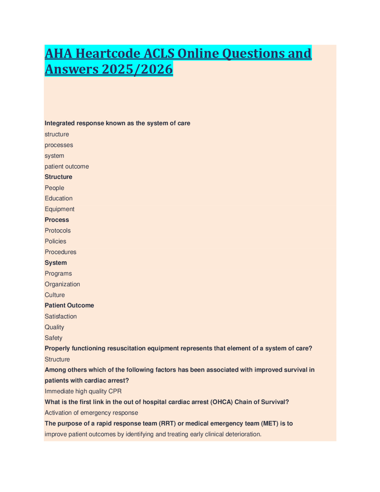 AHA Heartcode ACLS Online Questions & Answers 2025/2026 | Exams Nursing | Docsity