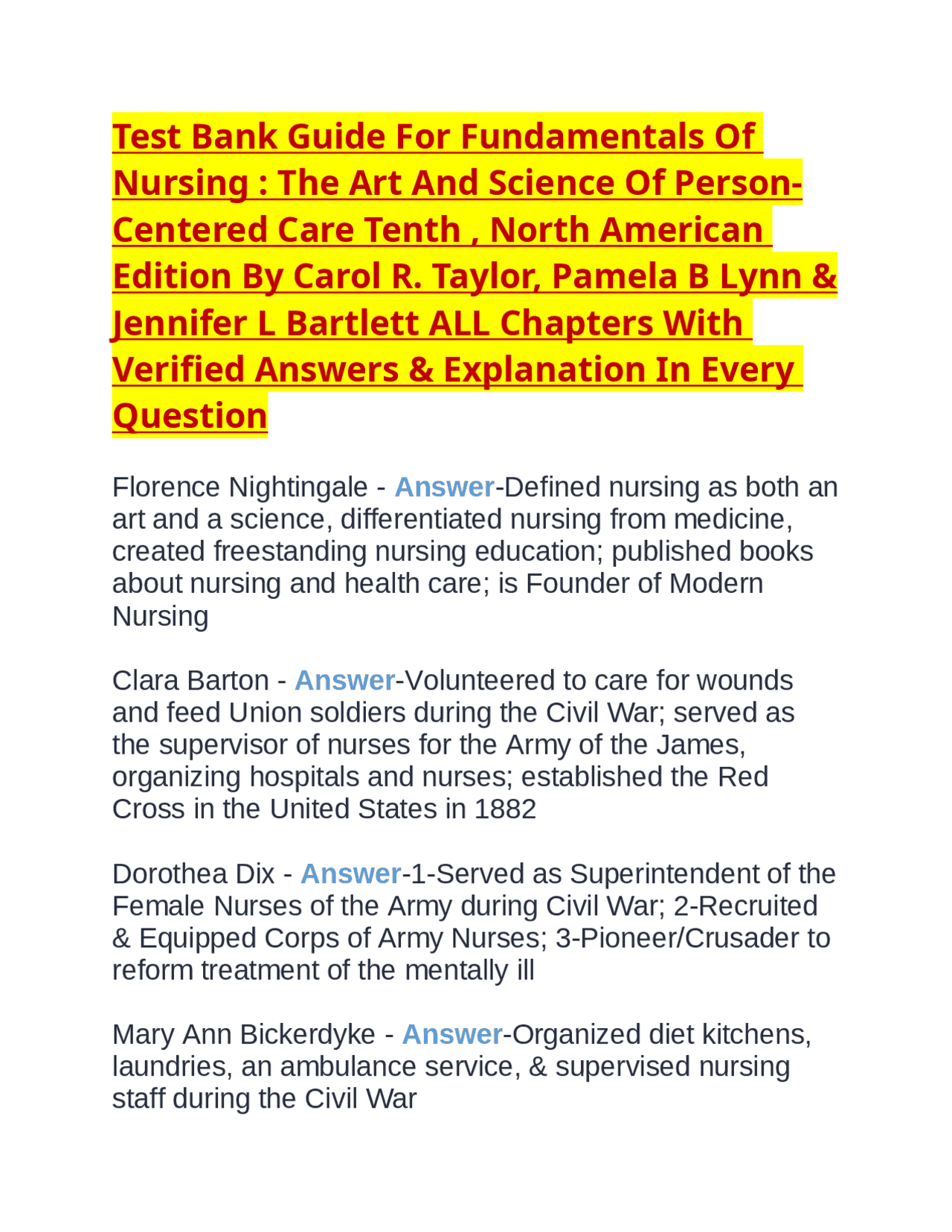 Test Bank Guide For Fundamentals Of Nursing : The Art And Science Of ...