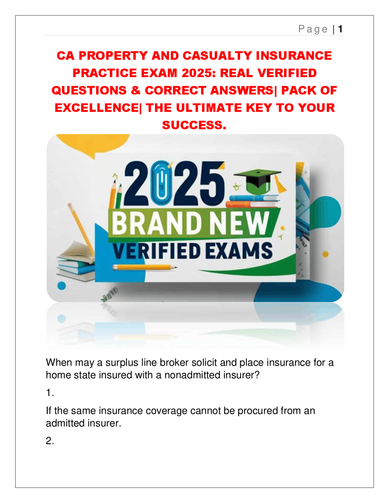 CA PROPERTY AND CASUALTY INSURANCE PRACTICE EXAM 2025. | Exams ...