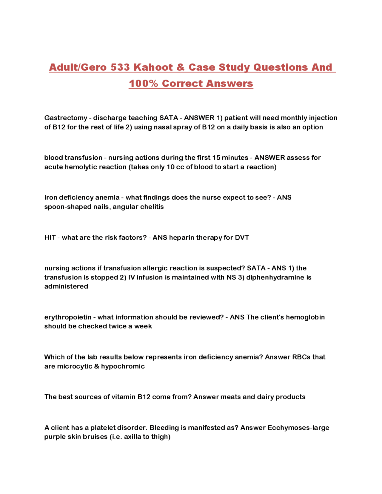 Hematology & Respiratory Disorders: Kahoot & Case Study Guide | Exams Advanced Education | Docsity