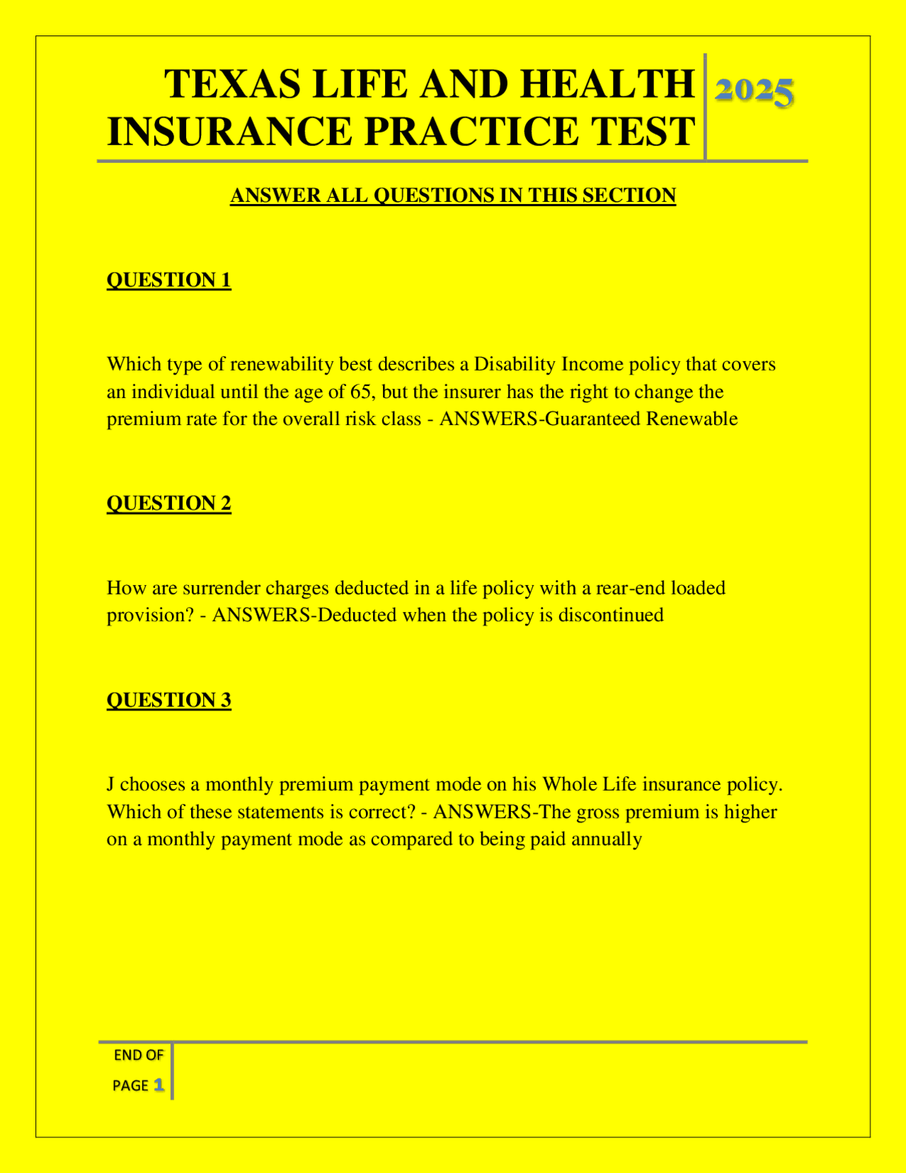 TEXAS LIFE AND HEALTH INSURANCE PRACTICE TEST QUESTIONS AND ANSWERS ...