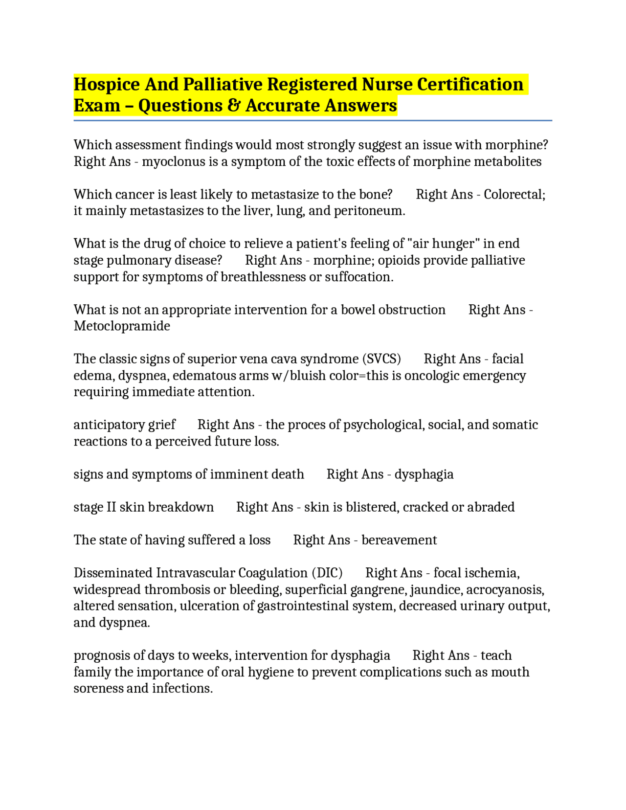 Hospice And Palliative Registered Nurse Certification Exam – Questions ...