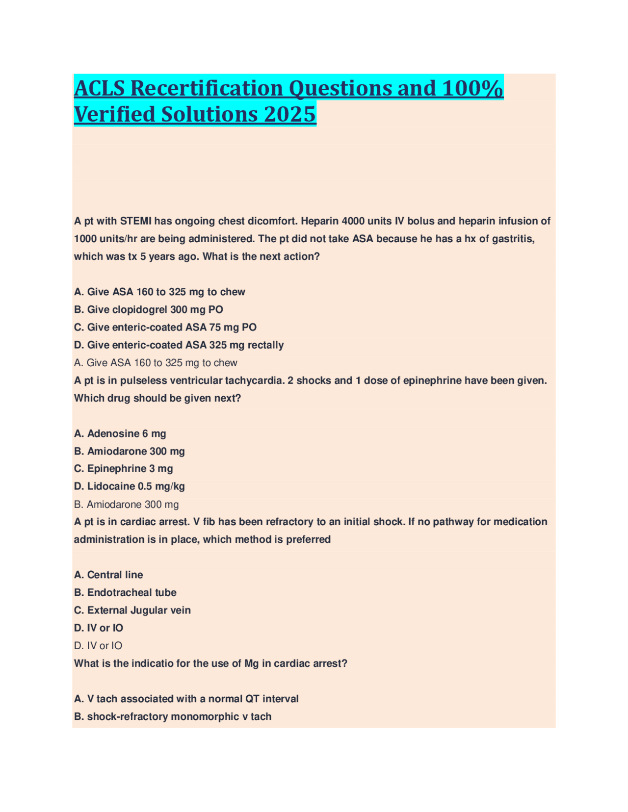 ACLS Recertification Questions and 100% Verified Solutions 2025 | Exams ...