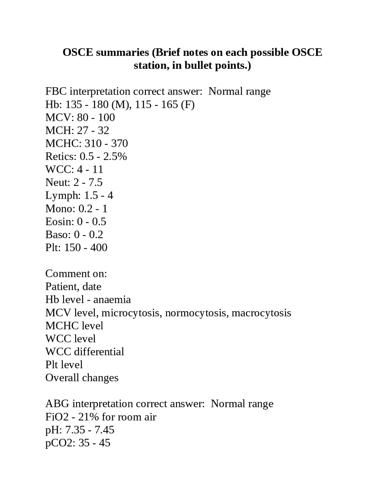 OSCE summaries (Brief notes on each possible OSCE station, in bullet ...