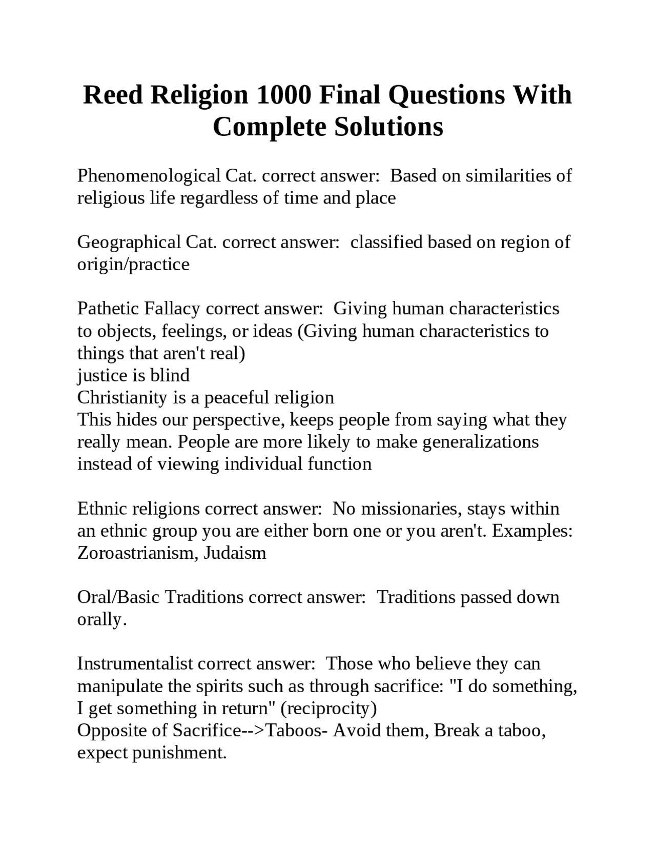 Religion 1000 Final Questions and Answers: A Comprehensive Guide to ...