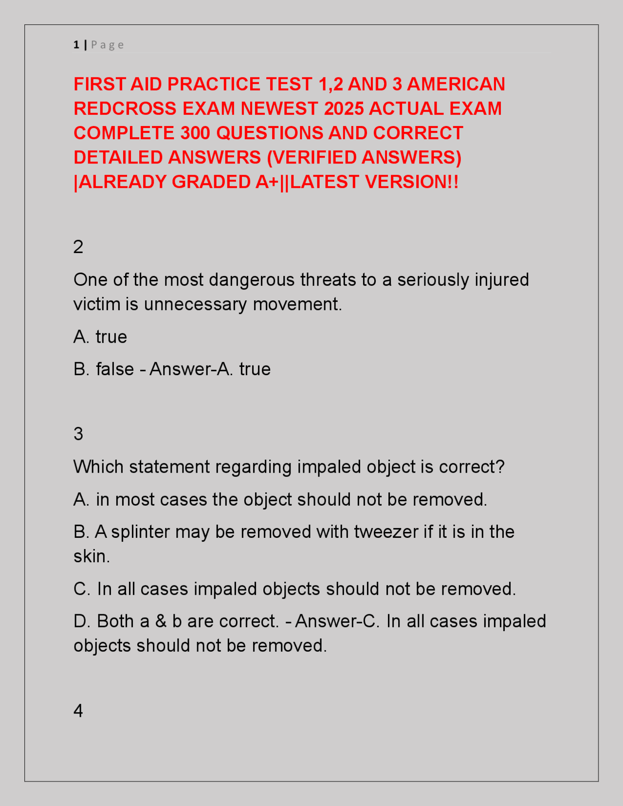 FIRST AID PRACTICE TEST 1,2 AND 3 AMERICAN REDCROSS EXAM NEWEST 2025 ...