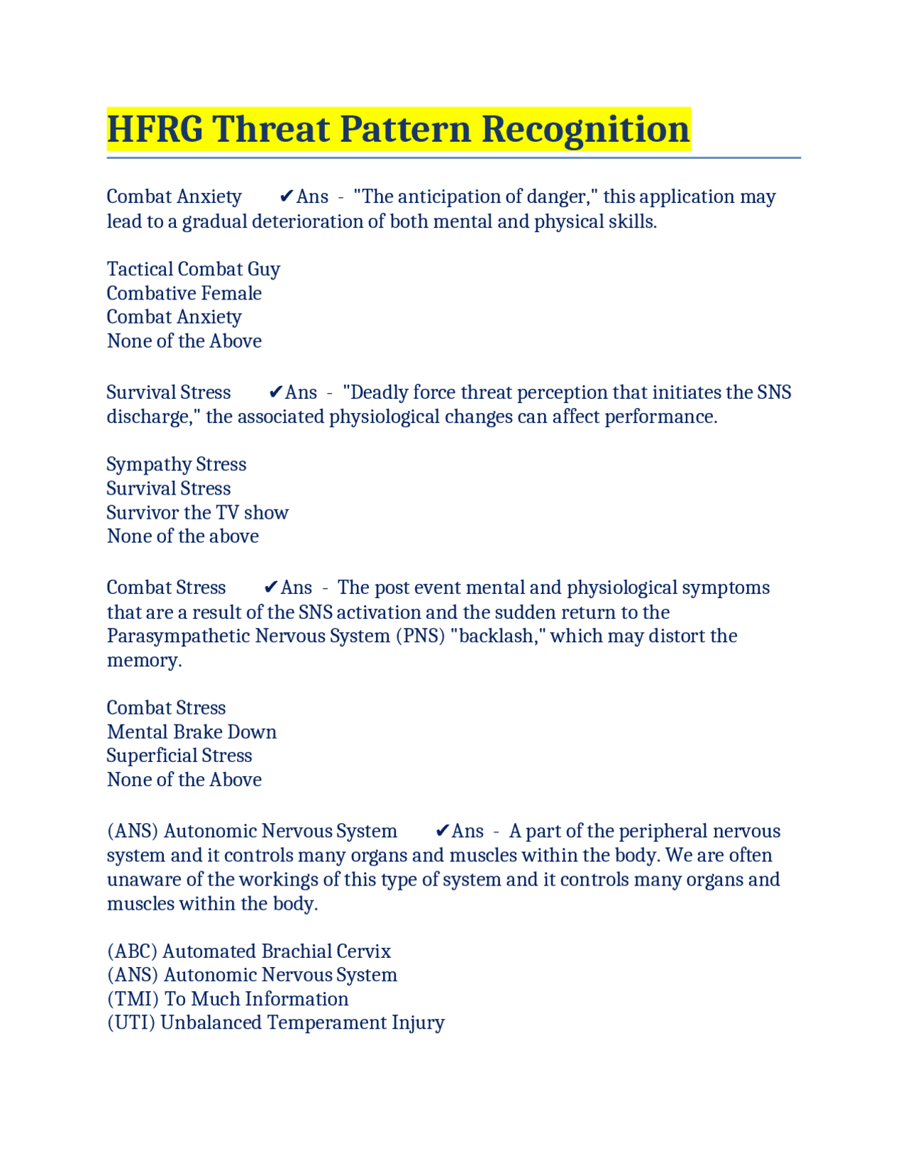 HFRG Threat Pattern Recognition | Exams Nursing | Docsity