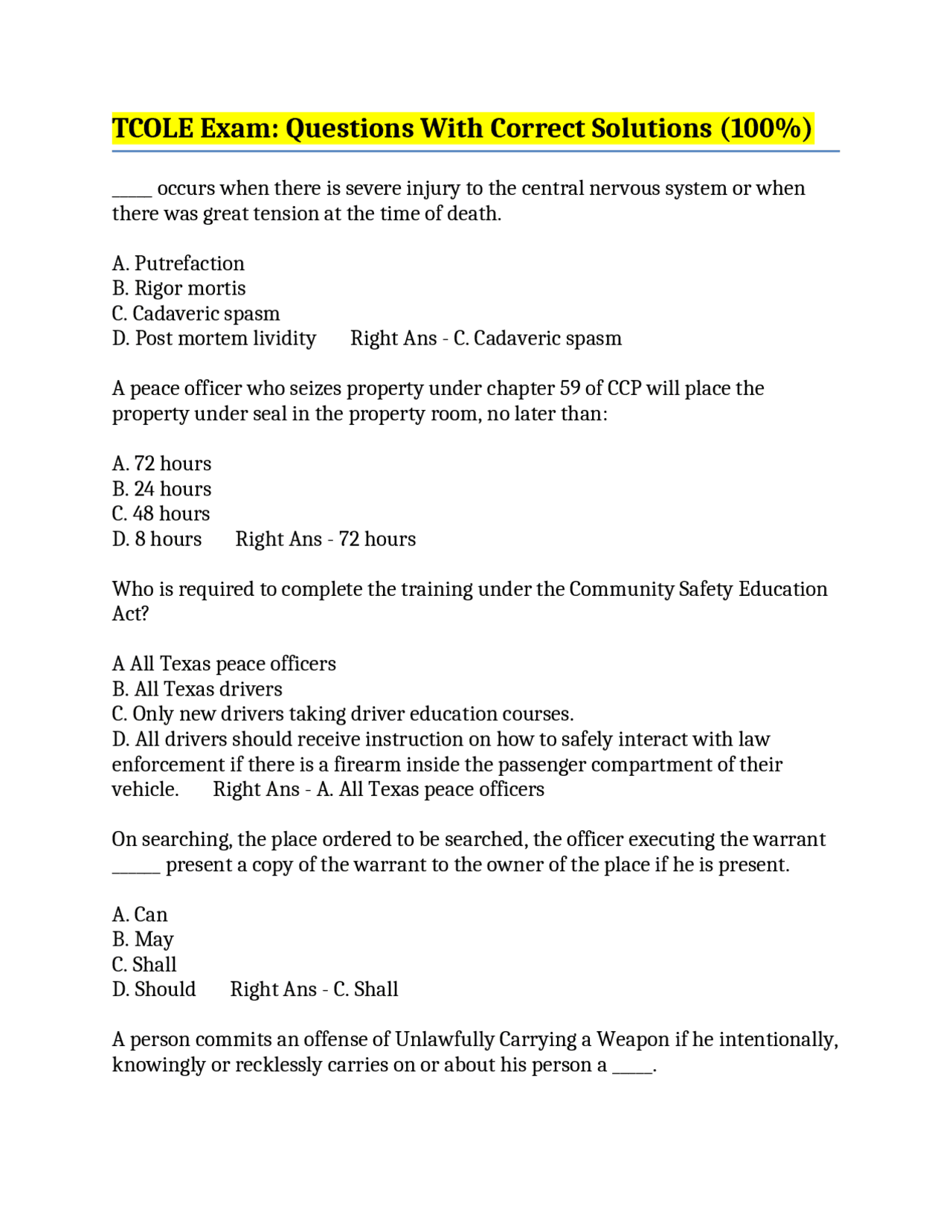 TCOLE Exam: Questions With Correct Solutions (100%) | Exams Public ...