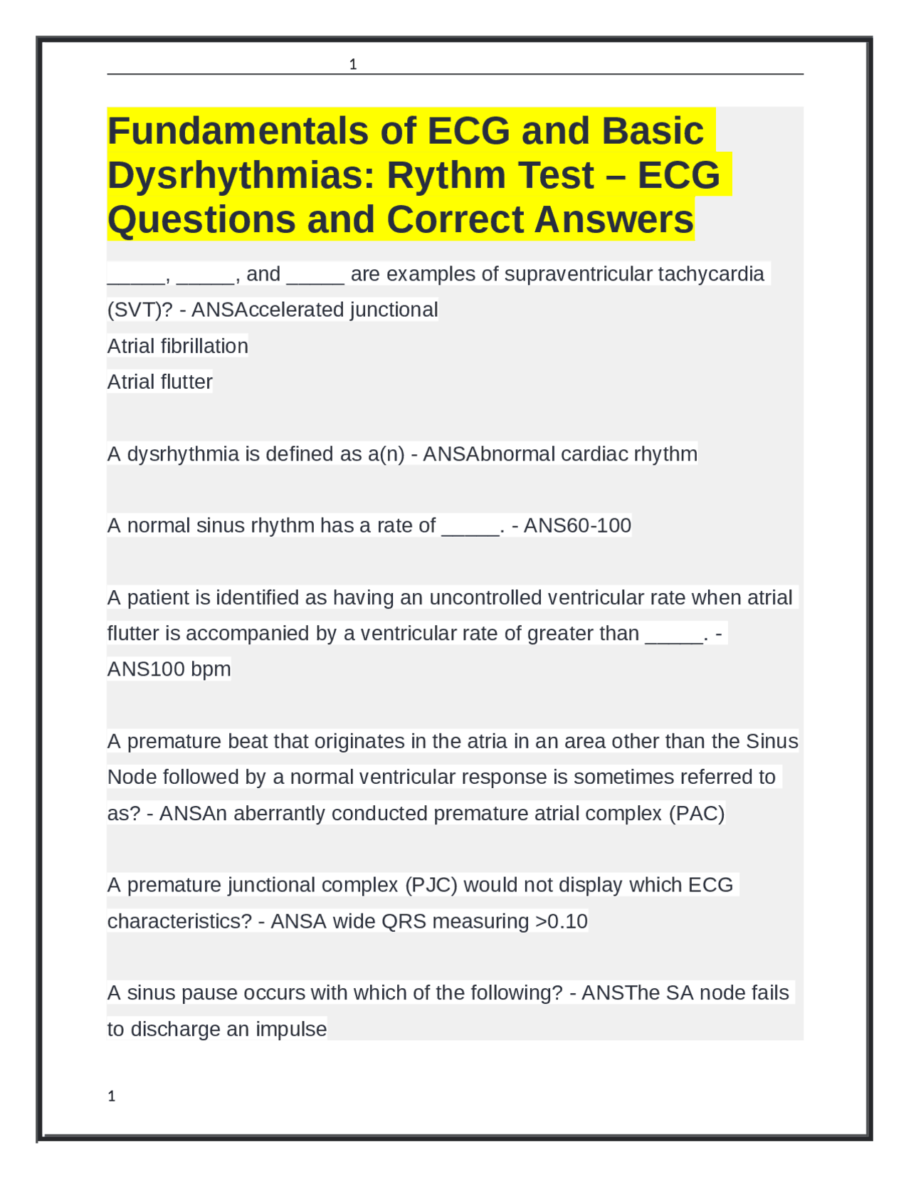 ECG Fundamentals & Basic Dysrhythmias: Rhythm Test | Exams Health ...