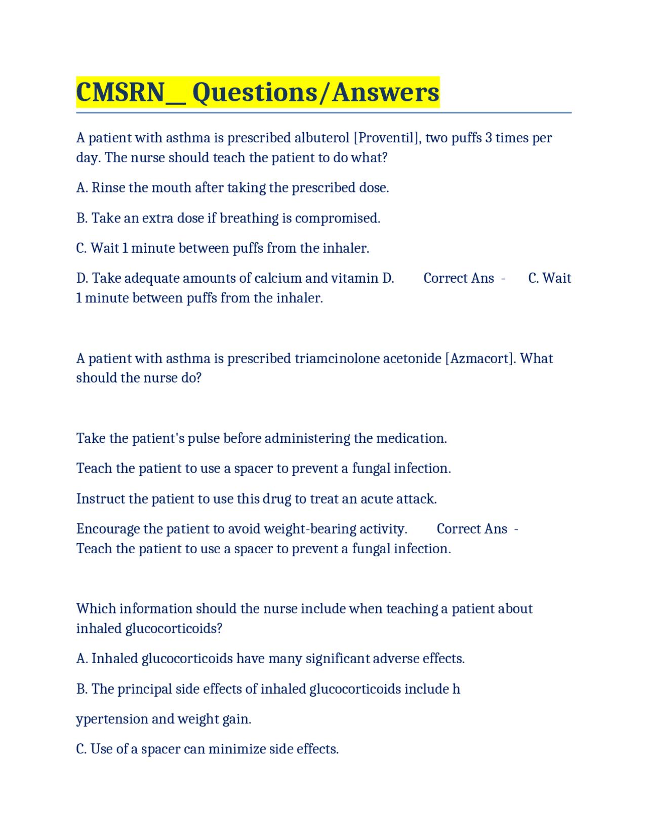 CMSRN__ Questions/Answers CMSRN__ Questions/Answers | Exams Nursing ...