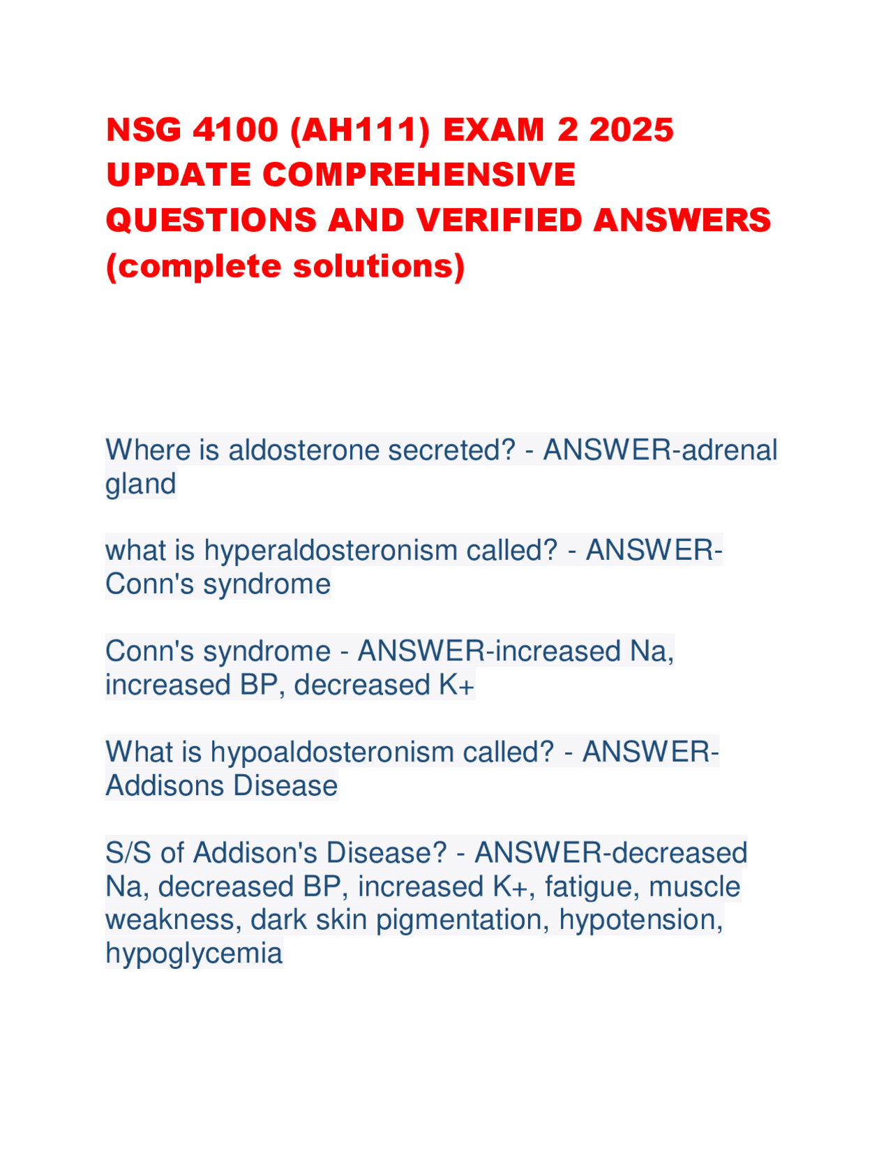 NSG 4100 (AH111) EXAM 2 2025 UPDATE COMPREHENSIVE QUESTIONS AND ...
