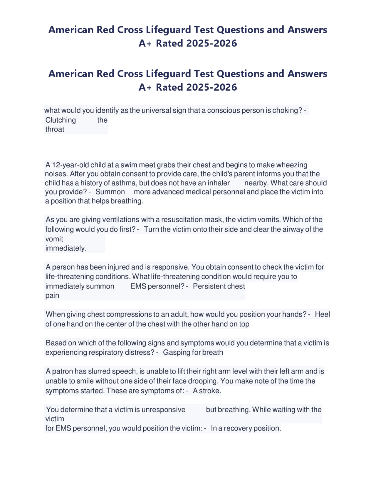 American Red Cross Lifeguard Test Questions and Answers A+ Rated 2025 ...
