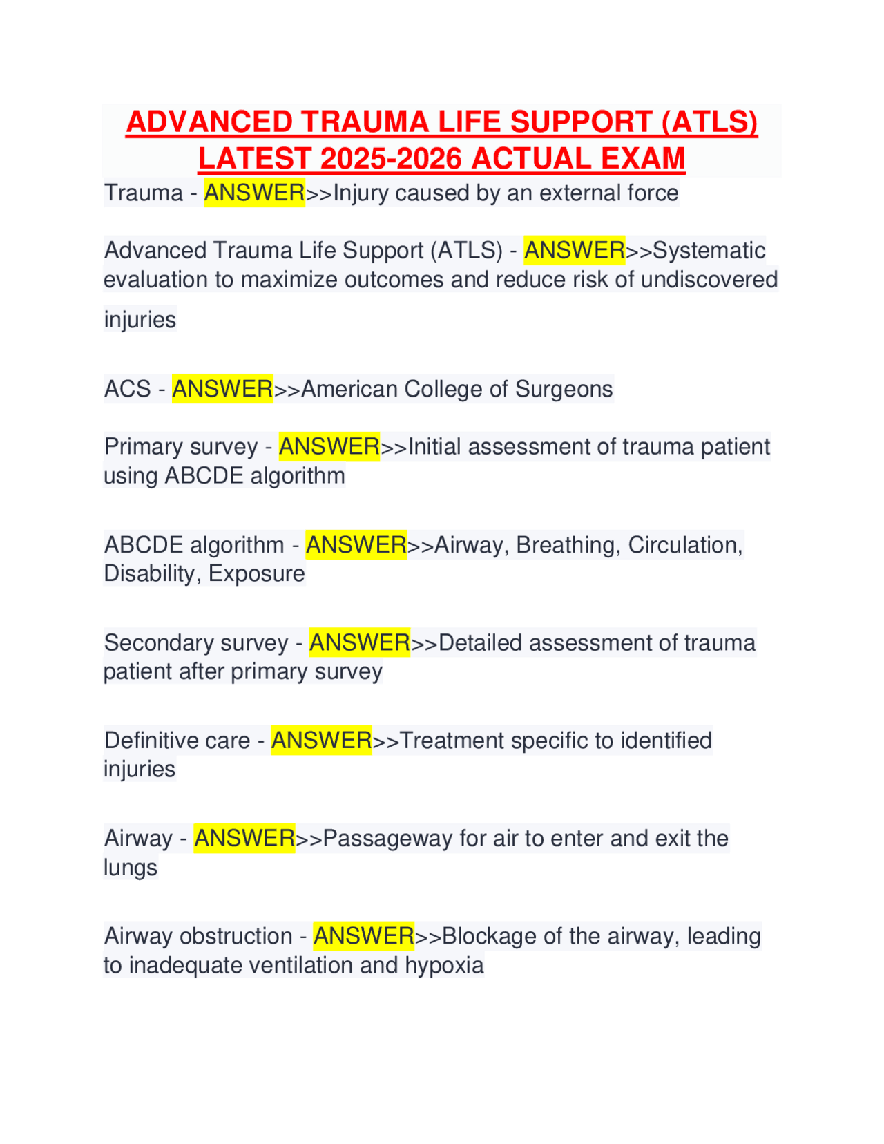 ADVANCED TRAUMA LIFE SUPPORT (ATLS) LATEST 2025-2026 ACTUAL EXAM ...