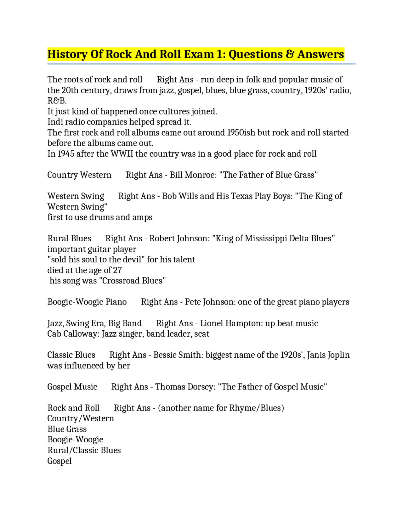 History of Rock and Roll Exam 1: Questions and Answers | Exams History ...