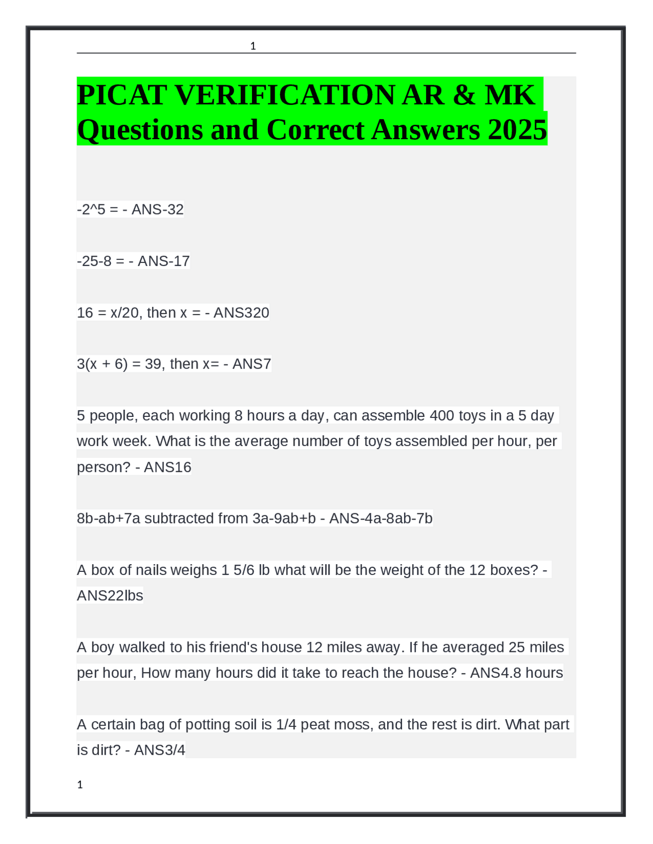 PICAT VERIFICATION AR & MK Questions and Correct Answers 2025. Graded A ...