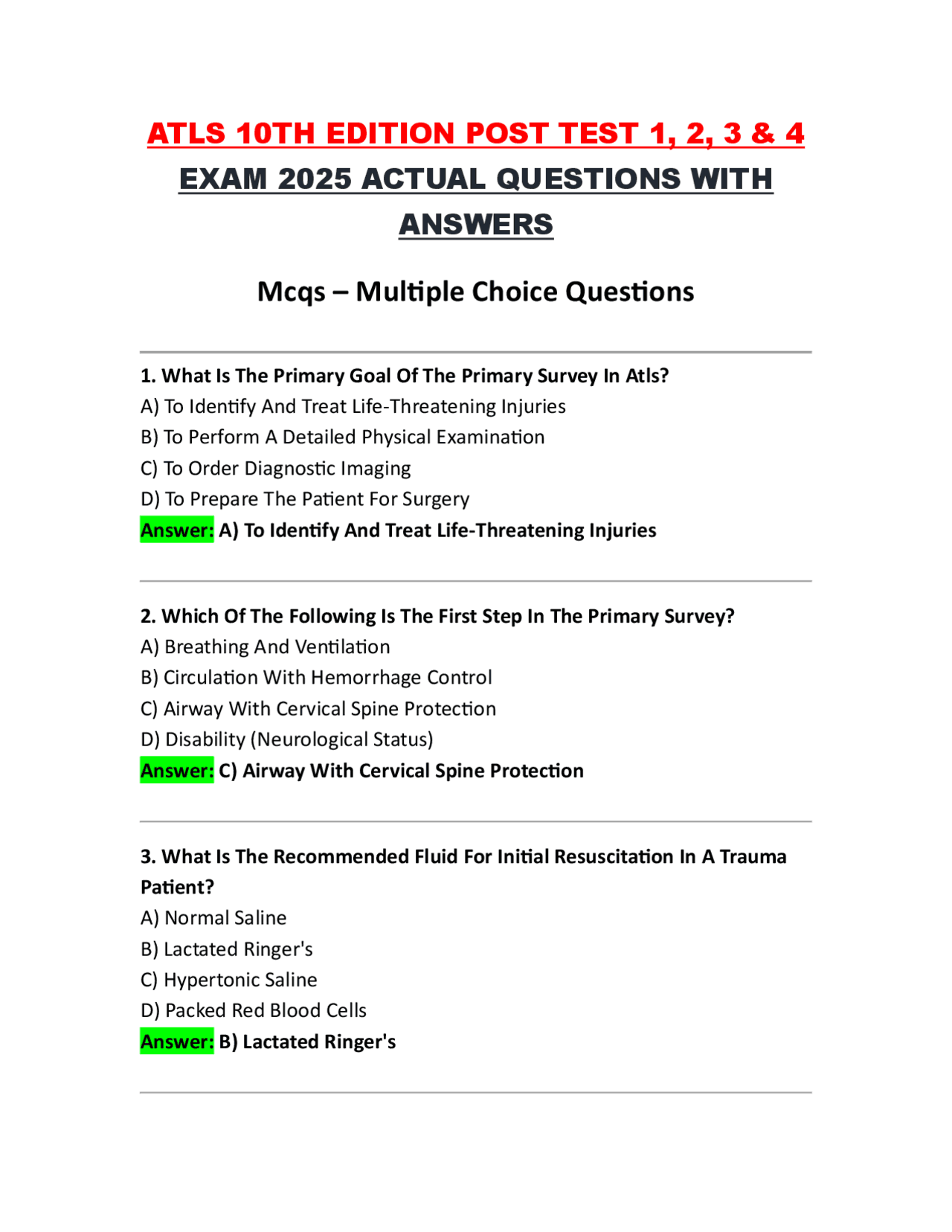 ATLS 10TH EDITION POST TEST 1, 2, 3 & 4 EXAM 2025 ACTUAL QUESTIONS WITH ...