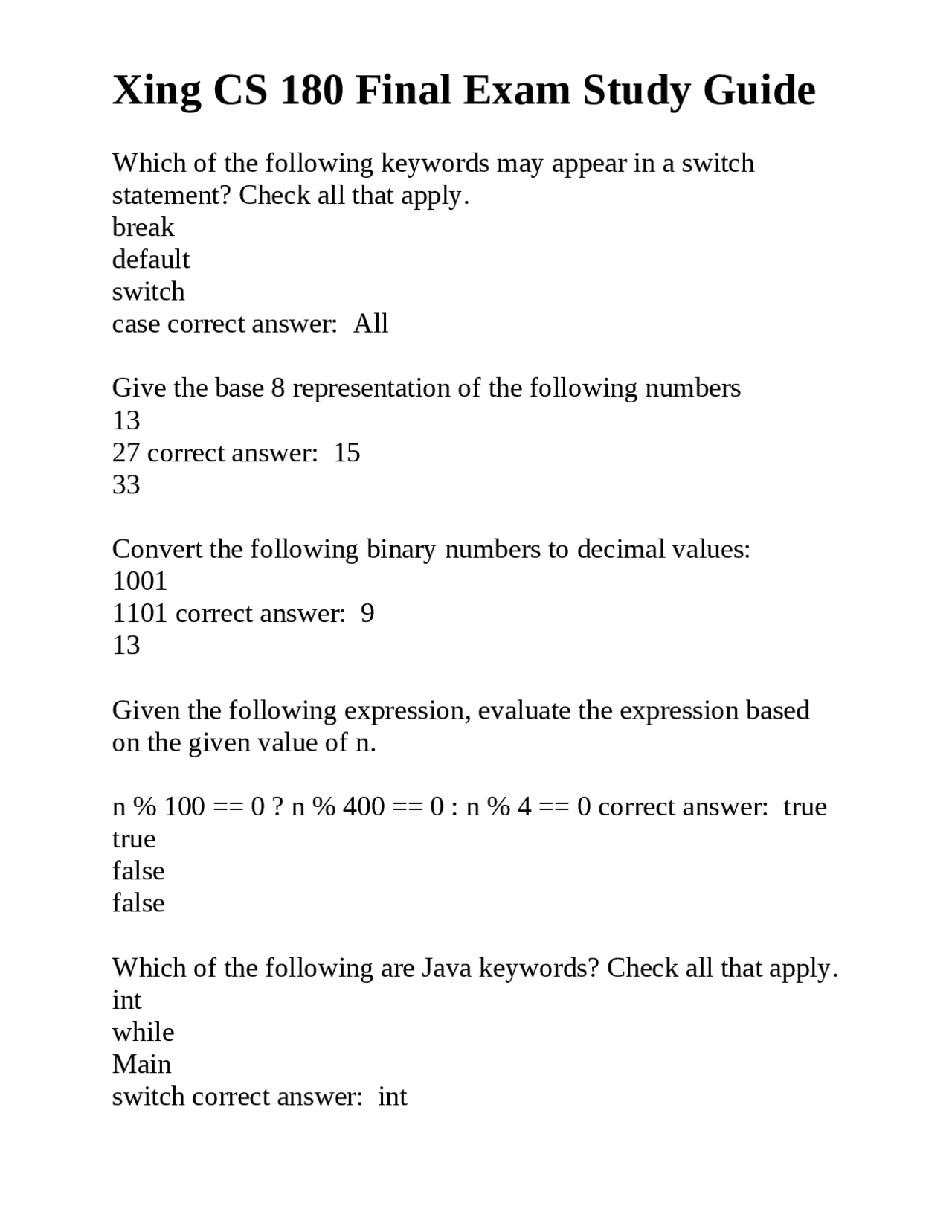 CS 180 Final Exam Study Guide: Java Programming Concepts and Practice | Exams Nursing | Docsity