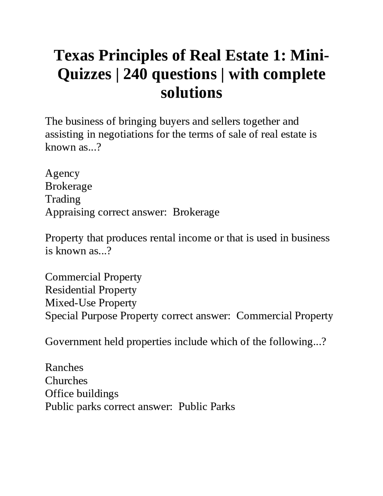 Texas Real Estate Principles: Mini-Quizzes | Exams Nursing | Docsity