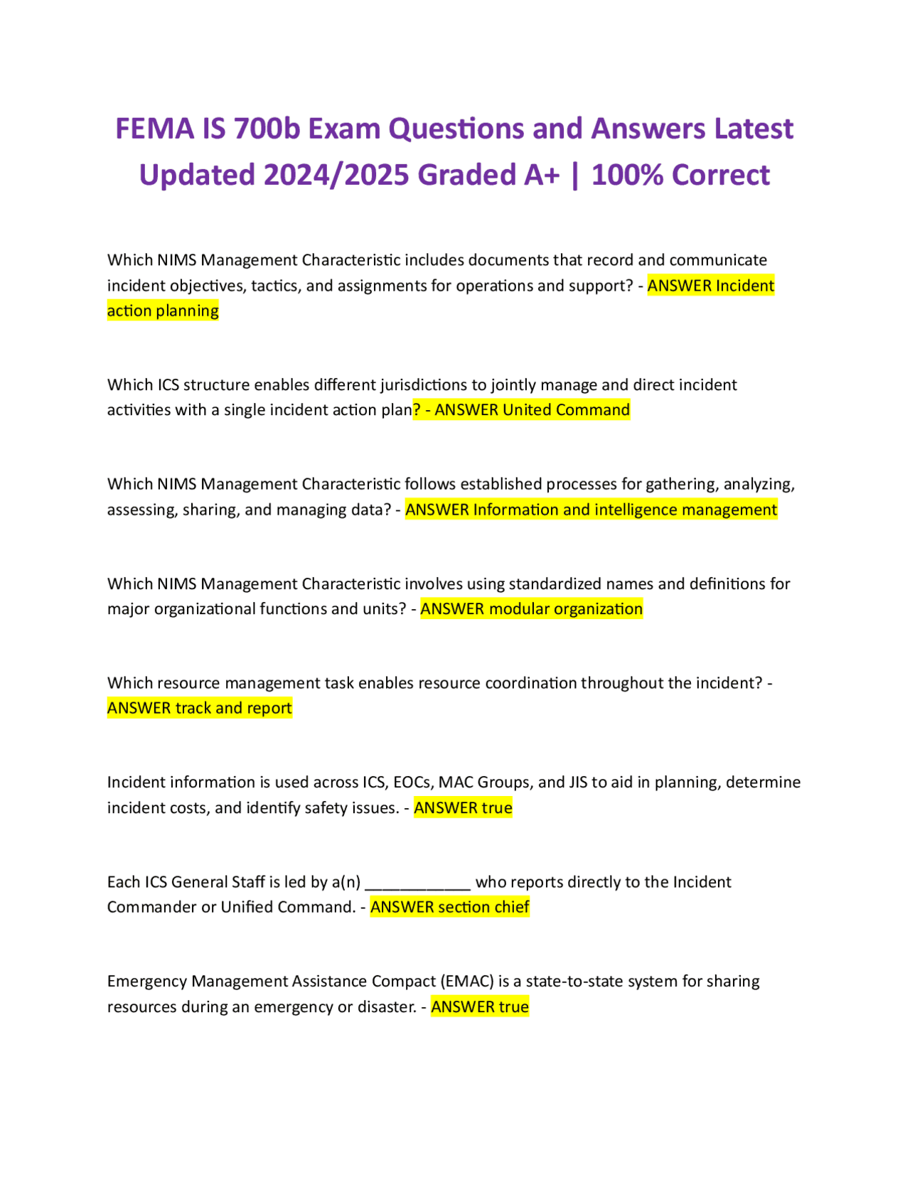 FEMA IS 700b Exam Questions and Answers Latest Updated 2024/2025 Graded ...