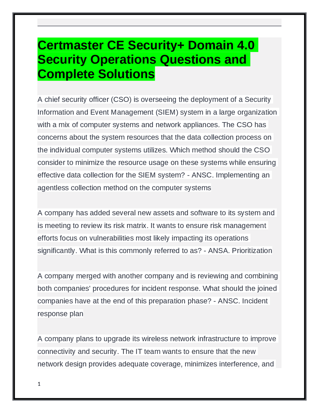Certmaster CE Security+ Domain 4.0: Security Operations Questions and ...