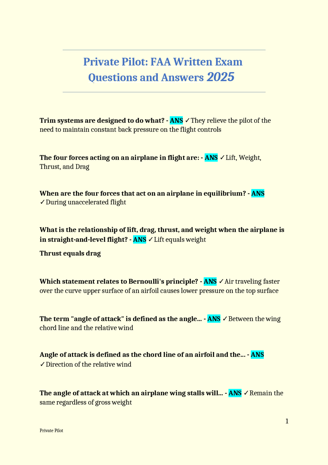 Private Pilot FAA Written Exam Questions and Answers 2025 | Exams ...