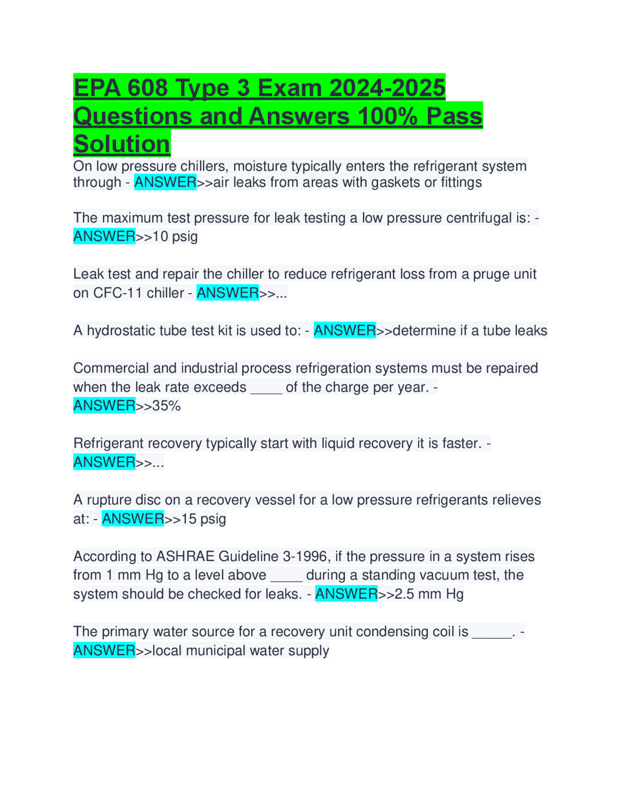 EPA 608 Type 3 Exam 2024-2025 Questions and Answers 100% Pass Solution ...