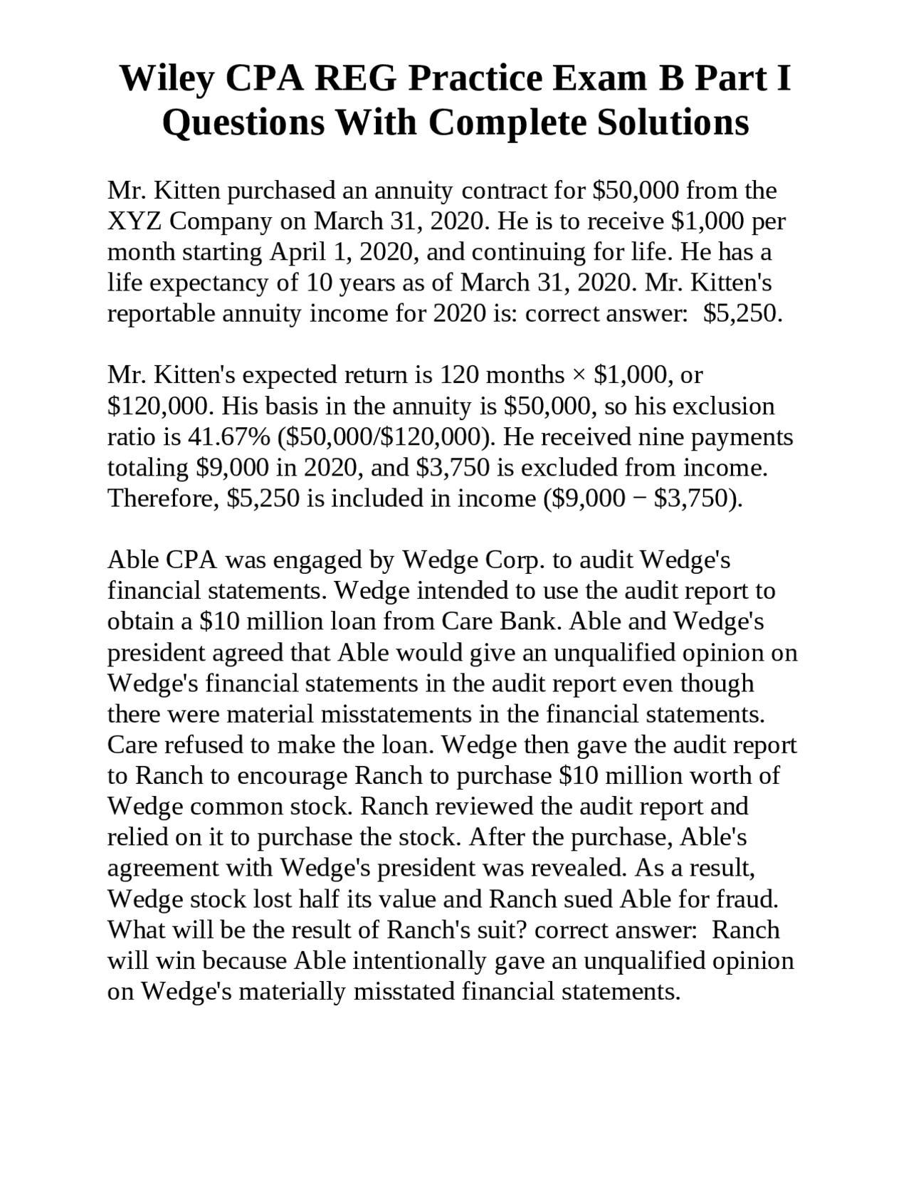 Wiley CPA REG Practice Exam B Part I: Questions With Complete Solutions ...