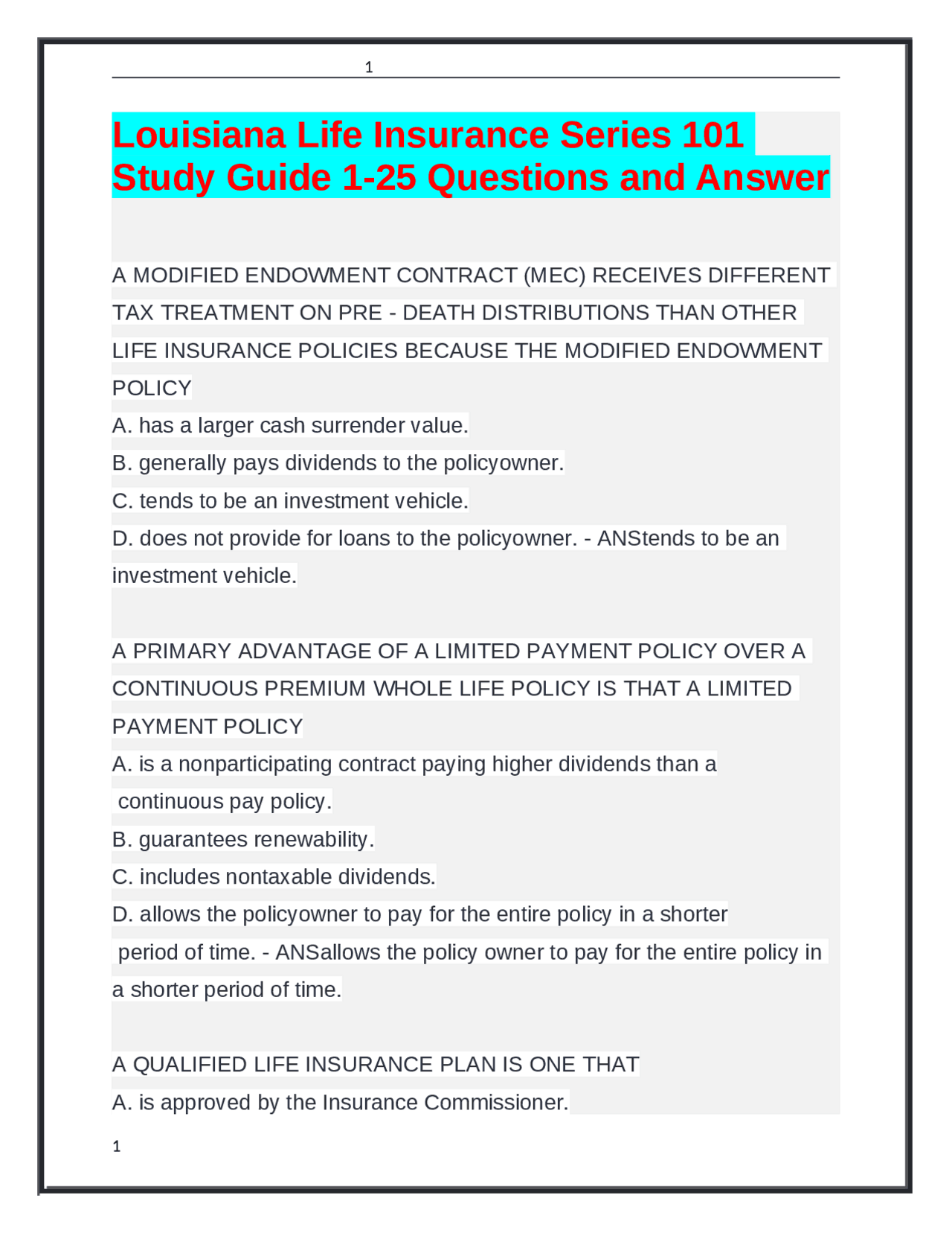 Louisiana Life Insurance Series 101 Study Guide 1-25 Questions and ...