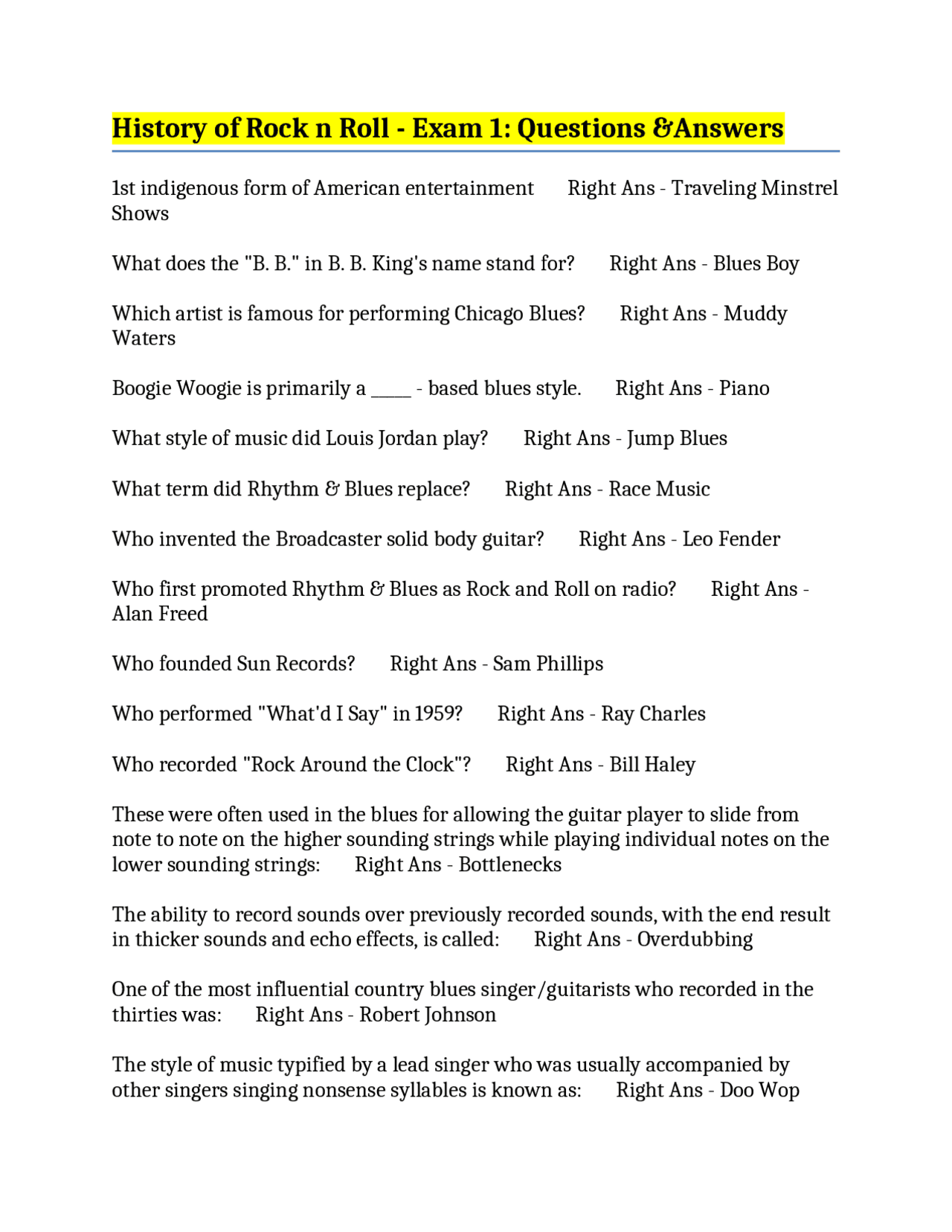 History of Rock n Roll - Exam 1: Questions & Answers | Exams History ...