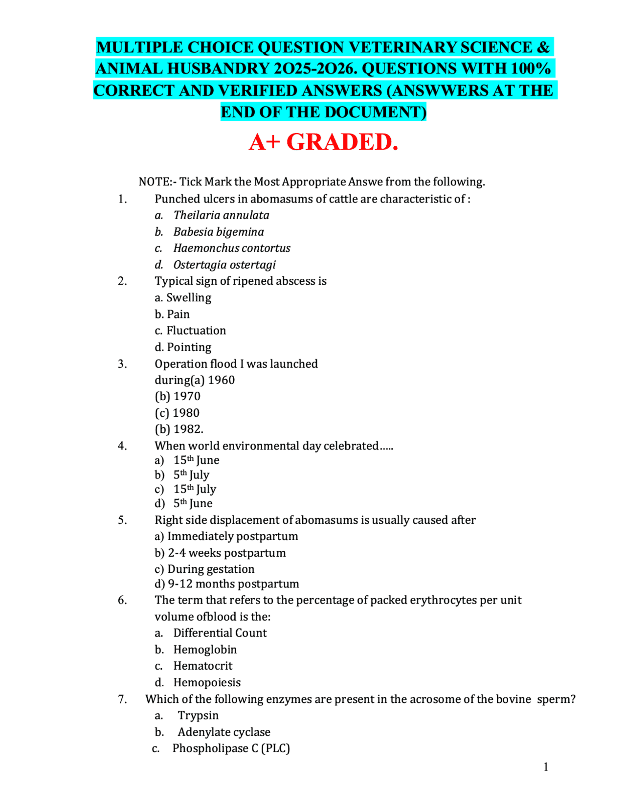 MULTIPLE CHOICE QUESTION VETERINARY SCIENCE & ANIMAL HUSBANDRY 2O25 ...