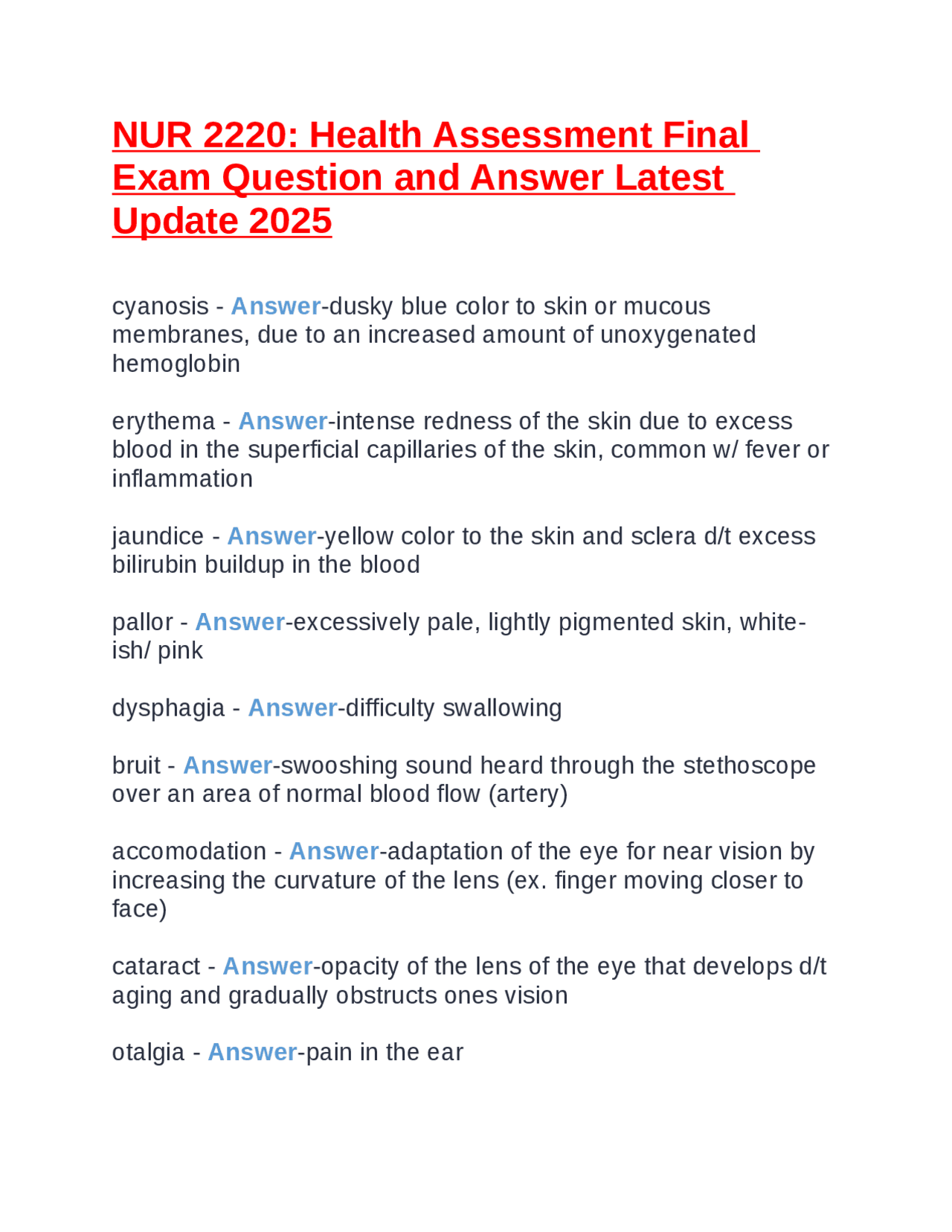 NUR 2220: Health Assessment Final Exam Question and Answer Guide ...