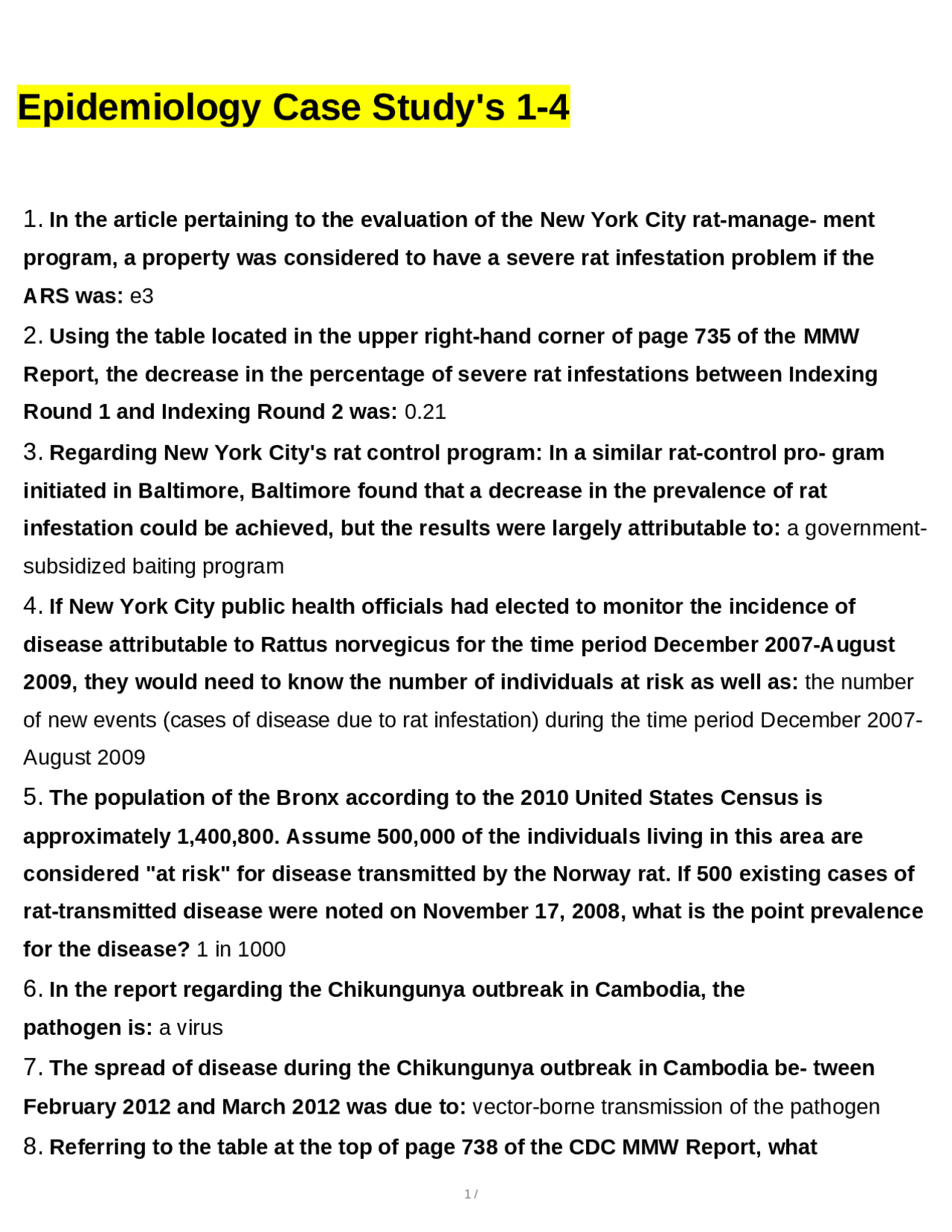 Epidemiology Case Study's 1-4 | Exams Nursing | Docsity