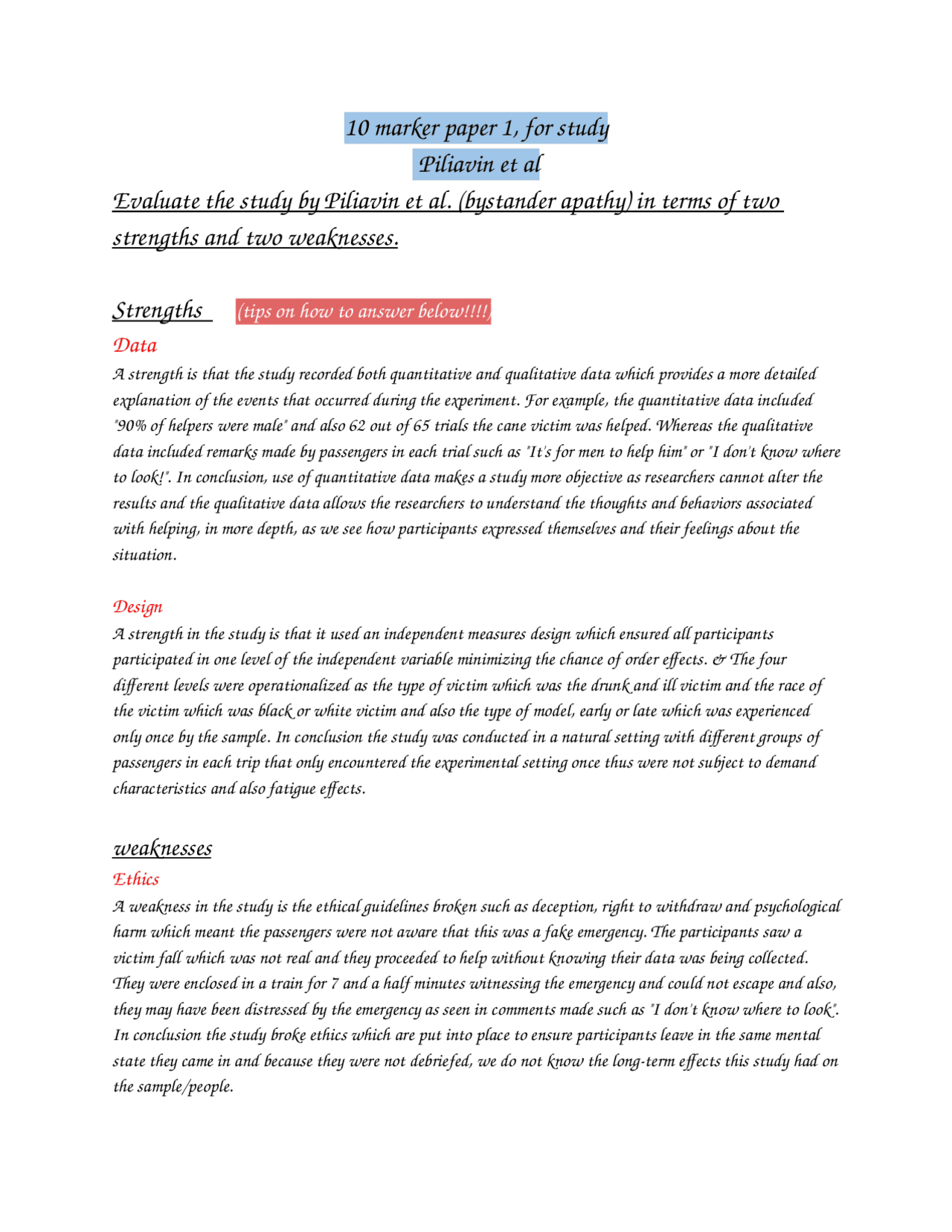 Piliavin et al case study (A -level psychology paper 1, evaluation ...