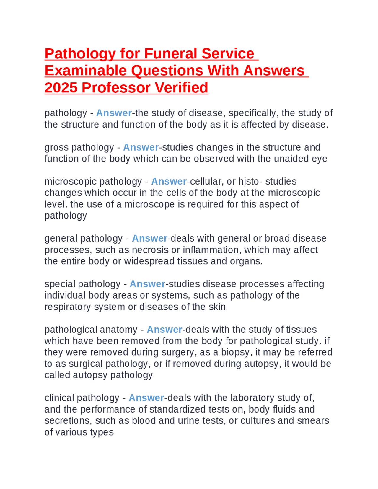 Pathology for Funeral Service Examinable Questions With Answers 2025 ...