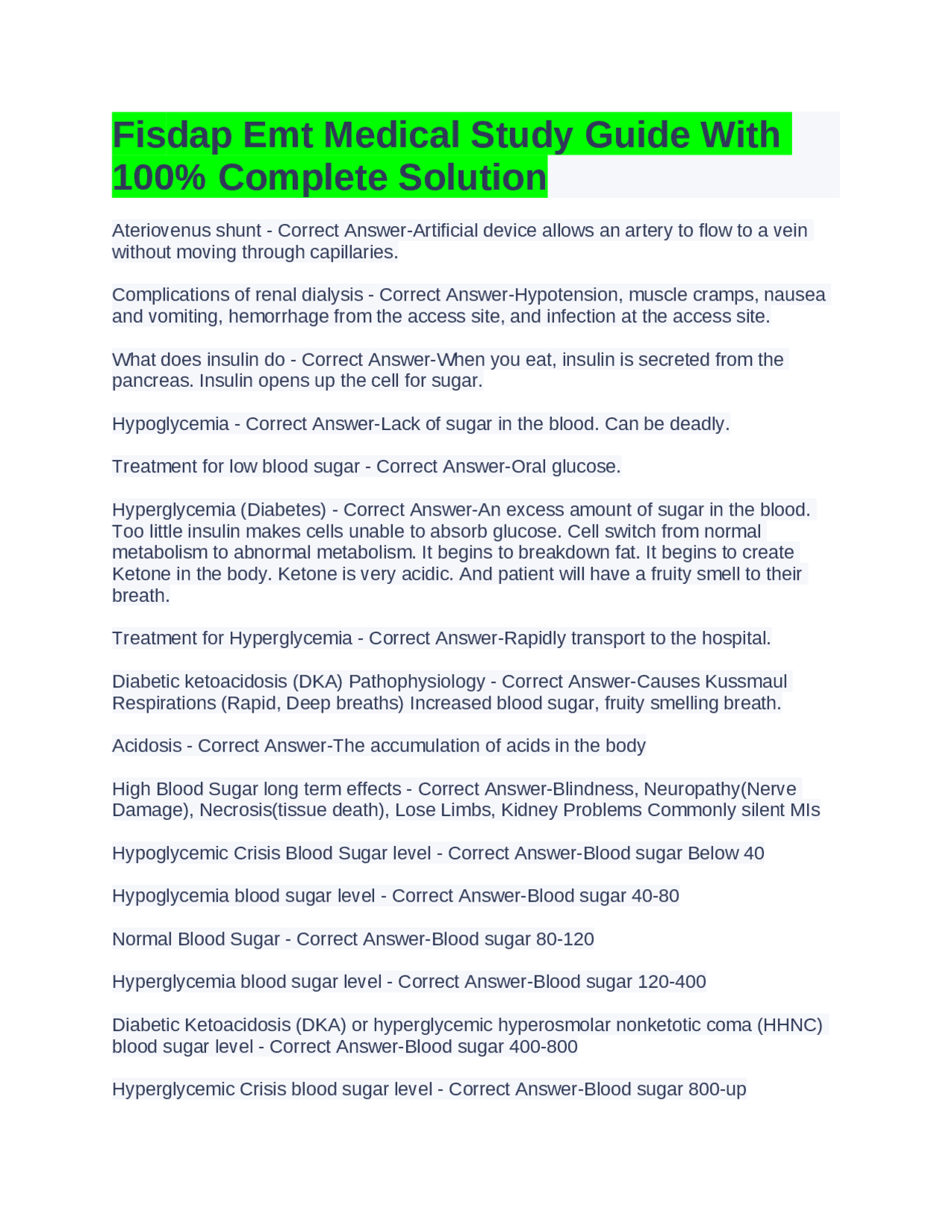 Fisdap Emt Medical Study Guide With 100% Complete Solution | Exams ...